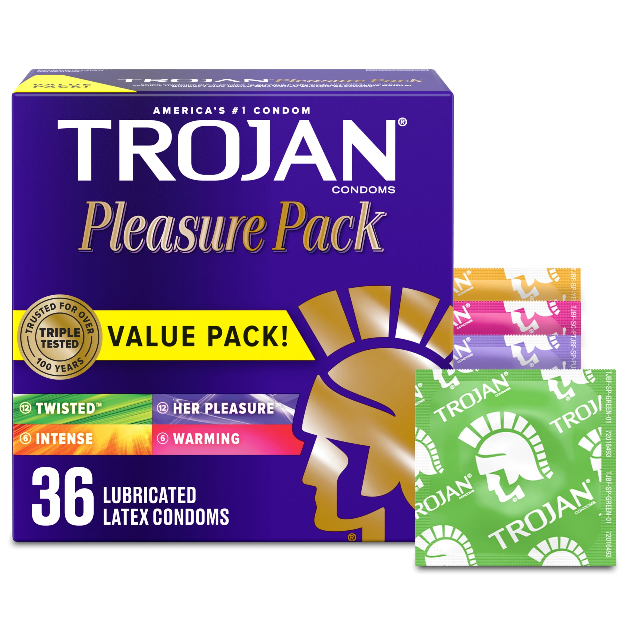 Trojan Pleasure Pack Assorted Condoms, Lubricated Condoms Value Pack ...