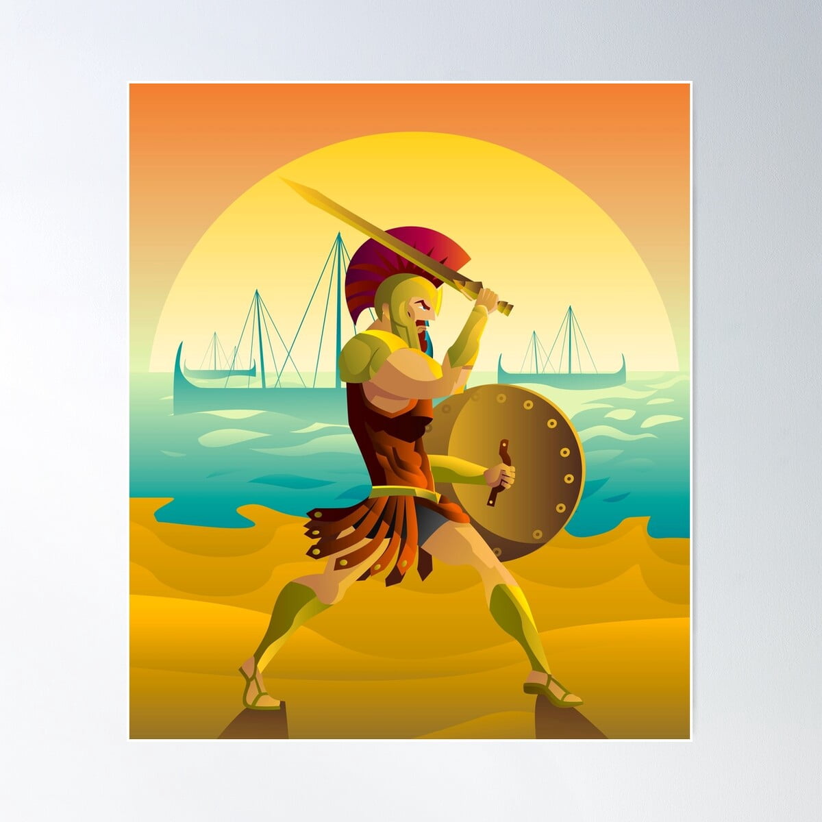 Trojan Warrior In Beach Near Trireme Greek Ships Poster Wall Art ...