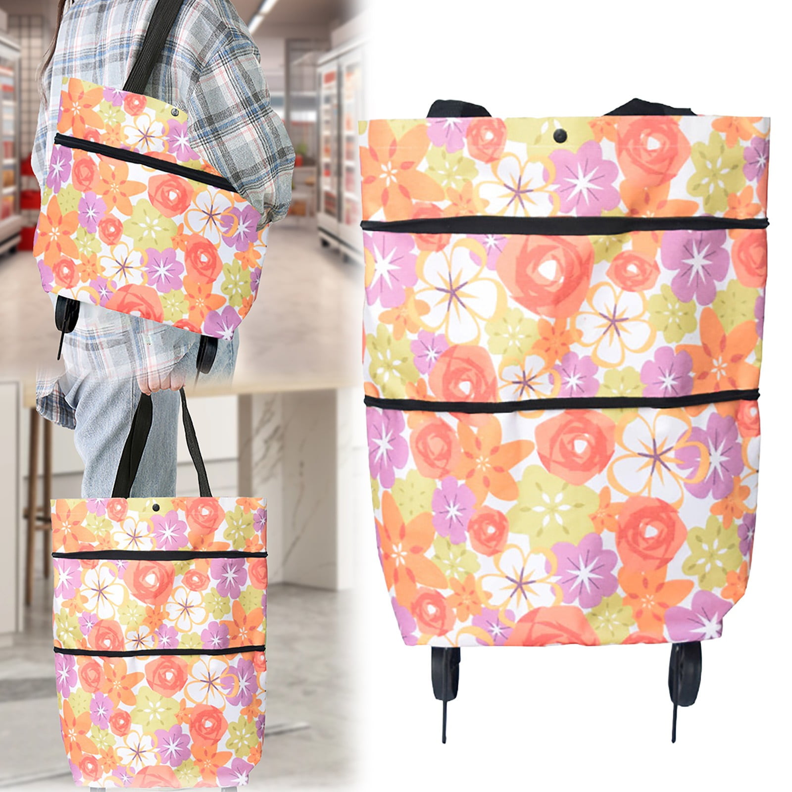 FIGHTY Trolley Folding Shopping Bag Zipper Folding Shopping Bags 2 In 1 ...