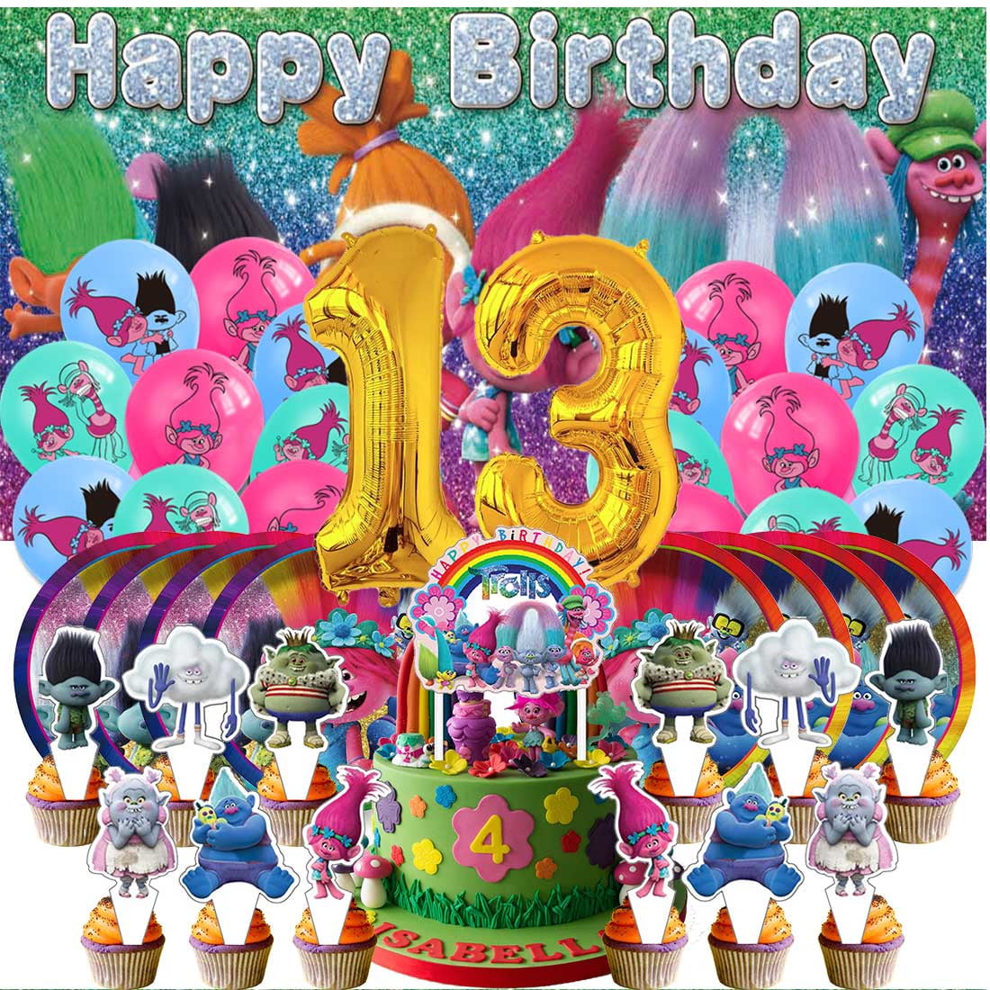 Trolls Balloons Party Supplies 13th Decor Tableware Birthday Cake ...