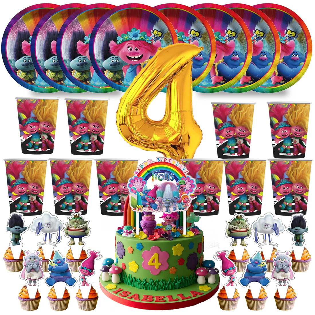 Trolls Birthday 4th Cups Party Supplies Plates Fans Decorations Cake ...