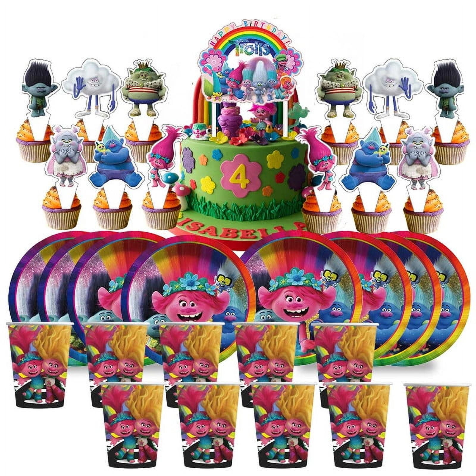 Trolls Birthday Cups Party Supplies Plates Fans Decorations Cake Topper ...