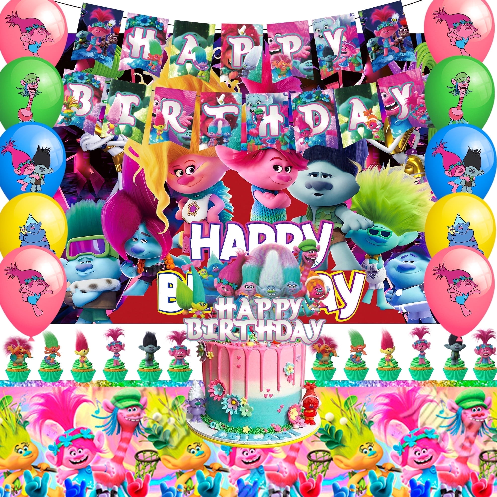Trolls Birthday Party Supplies, 28 Psc Trolls Party Decorations Set - Trolls Tablecloth Banner ...