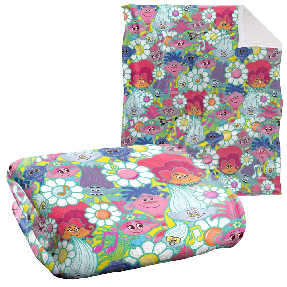 Trolls Blanket, 50"x60", Troll Head and Flower Pattern Silky Touch ...