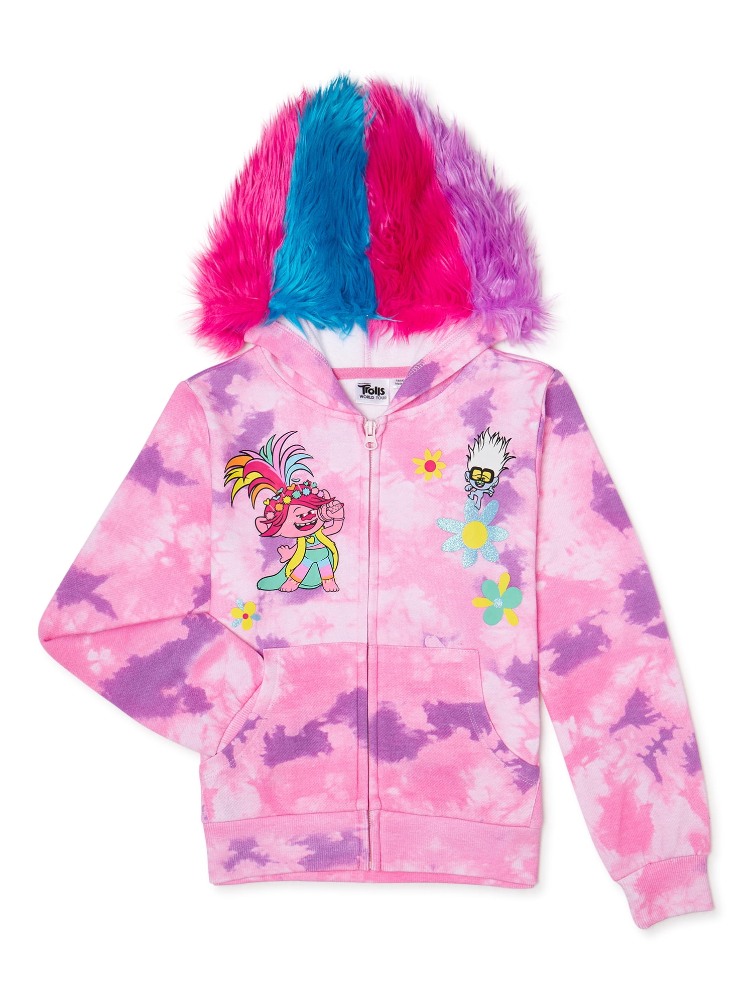 Trolls Girls Rainbow Character Tie-Dye Costume Hoodie Sweatshirt, Sizes ...