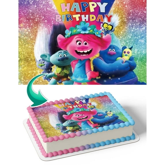 Trolls Glitter Colorful Happy Birthday Edible Image Cake Topper For ...