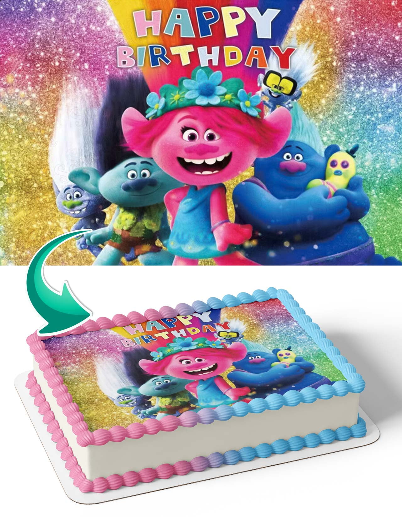 Trolls Glitter MB Edible Cake Image Topper Birthday Photo Icing Fondant ...