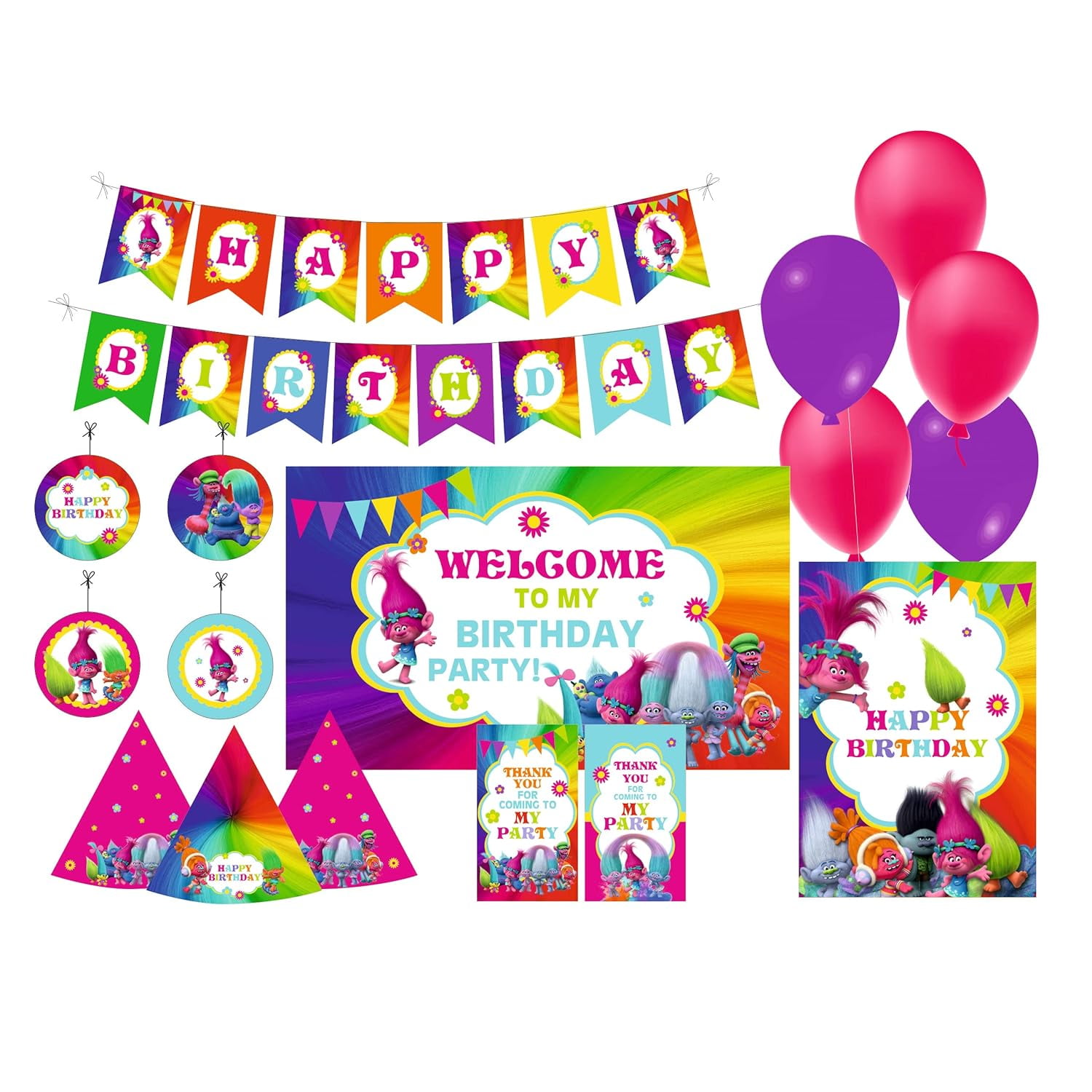 Trolls Party Decorations Kit - 80 Pcs Includes Banner, Balloons, Thank You, Centerpiece ...