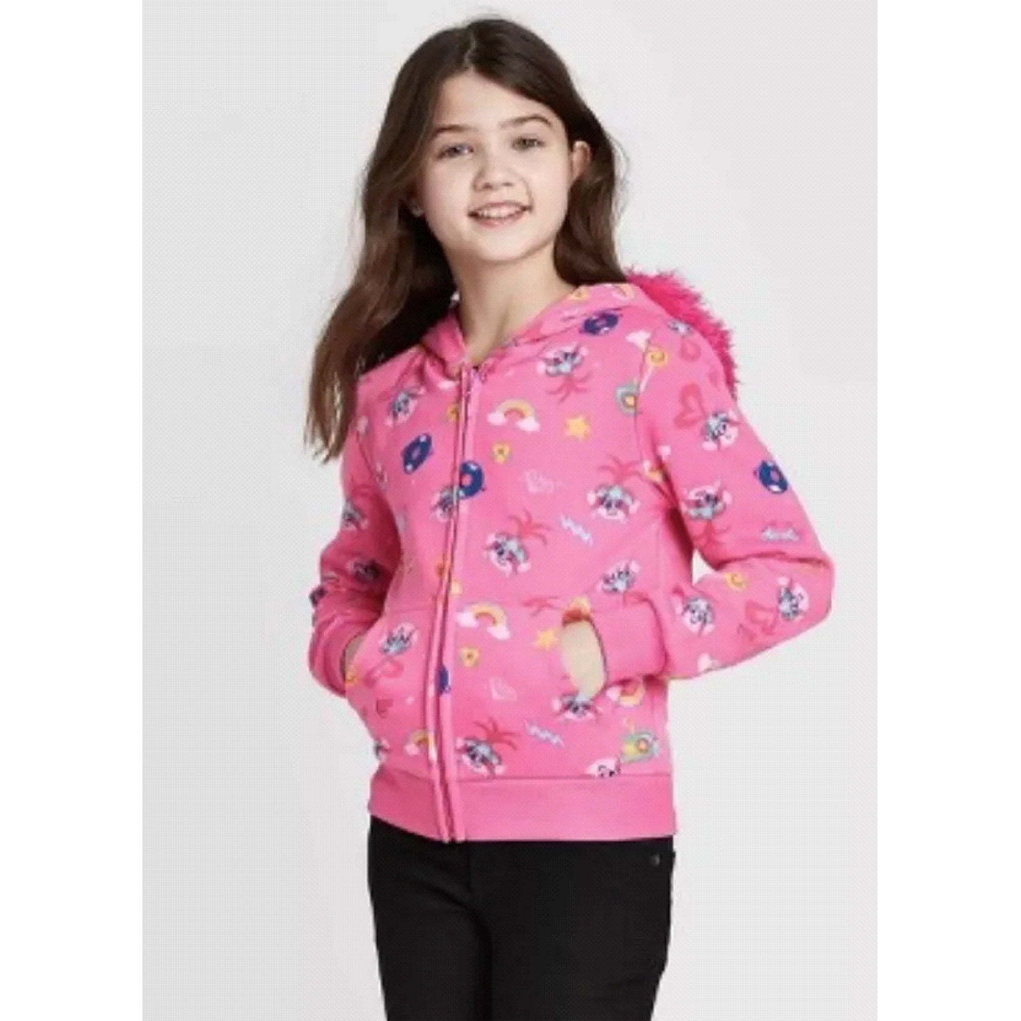 Trolls Pink All Over Graphic Big Girl's Zip Hoodie with Furry Hood ...