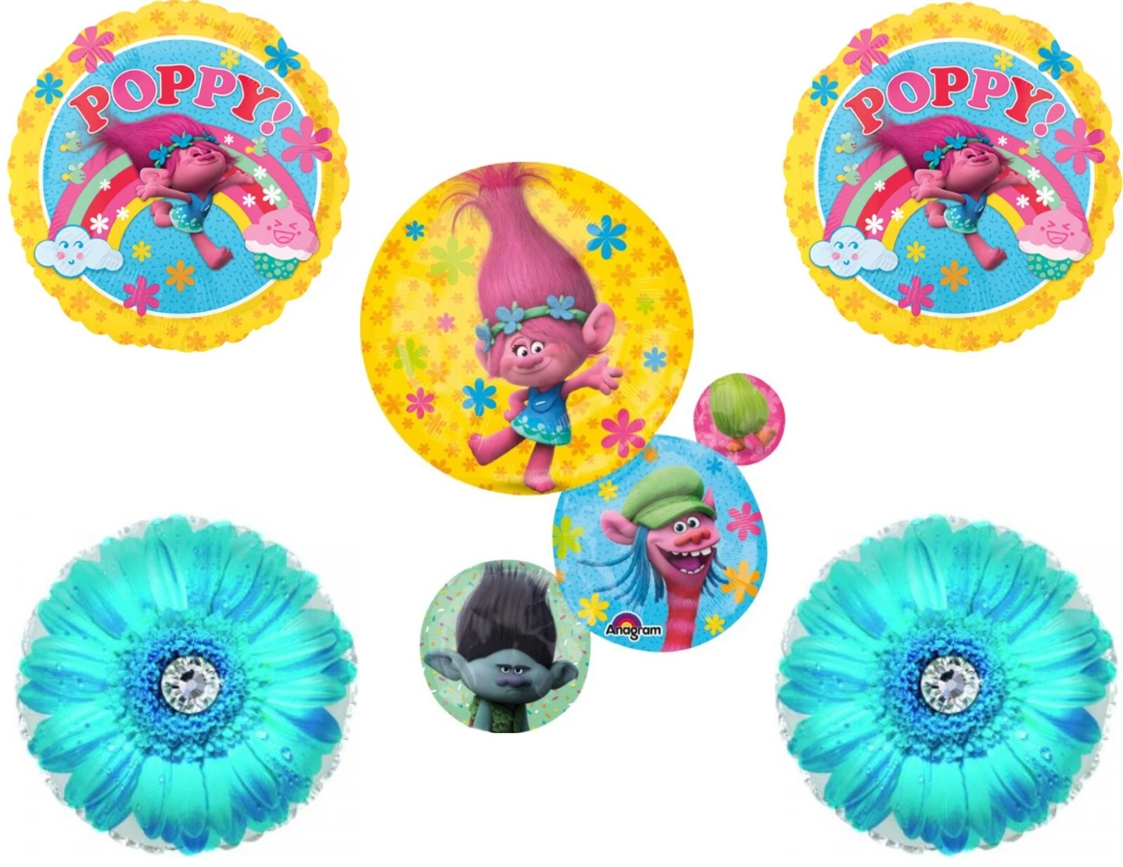 Trolls Poppy Daisy 5 Piece Birthday Balloons Decoration Supplies Party ...