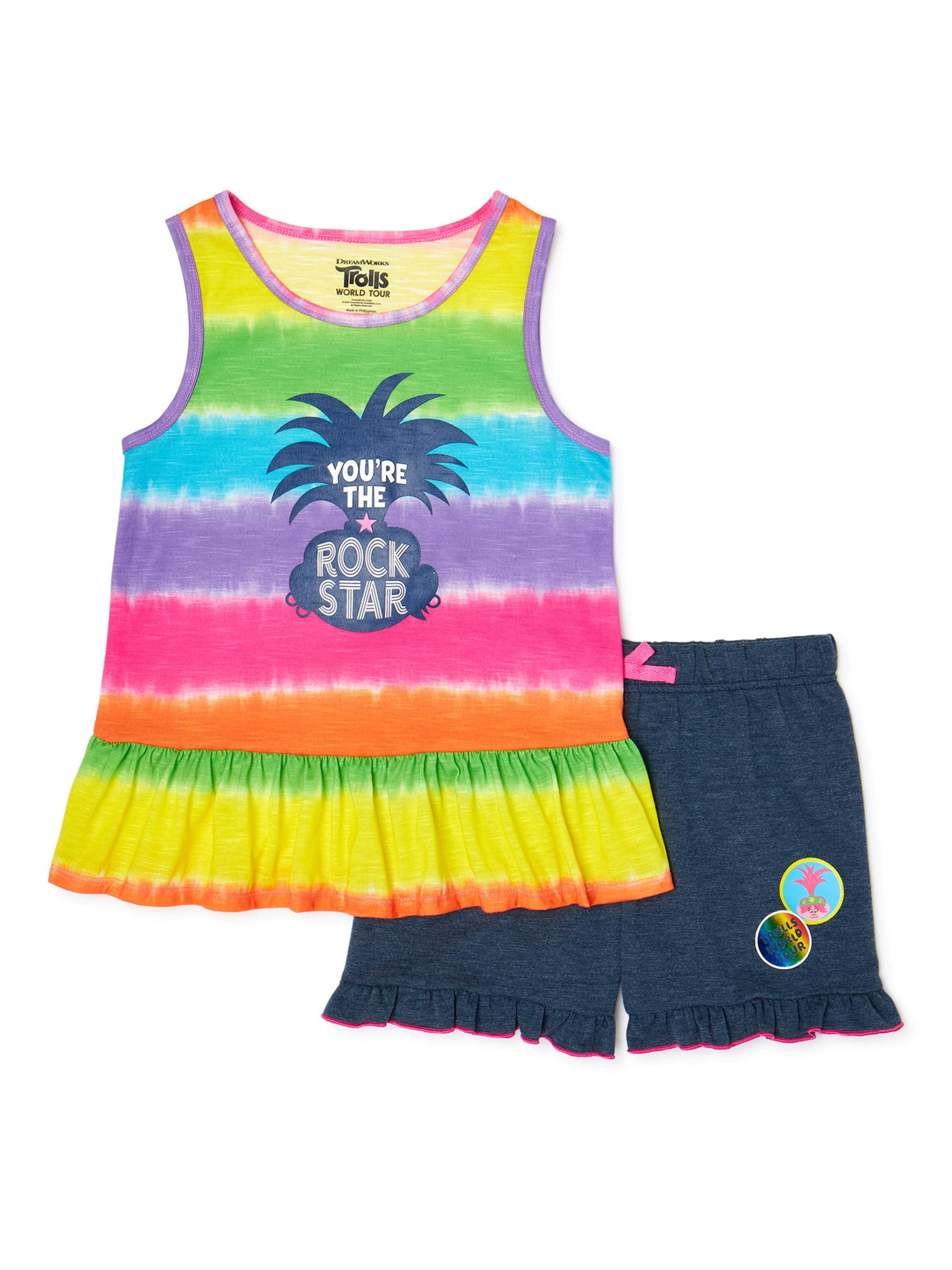 Trolls Rainbow Girls Tie Dye Ruffle Hem Tank Top and Shorts, 2-Piece ...