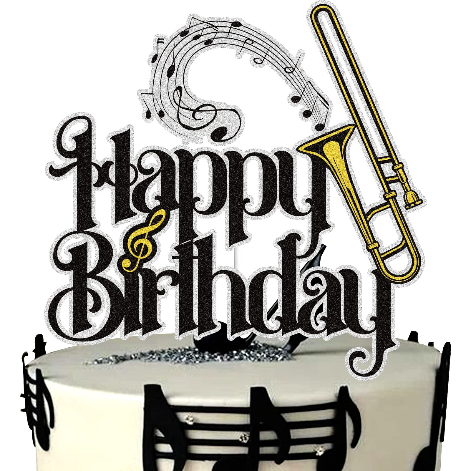 Trombone Happy Birthday FEV6 Cake Topper Black Gold Glitter Musical ...