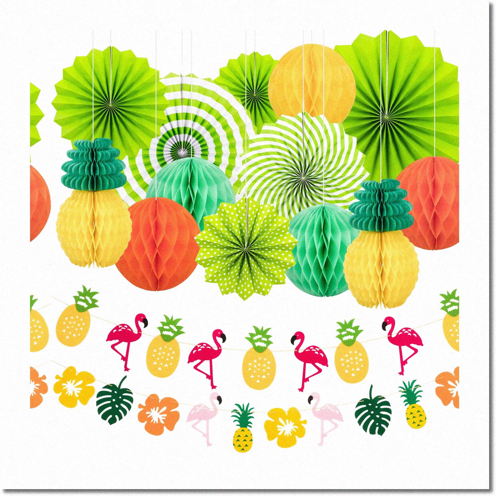 Tropi-Flam Pineap-Party Decor Set: Flamingo Garland, Honeycomb Balls ...