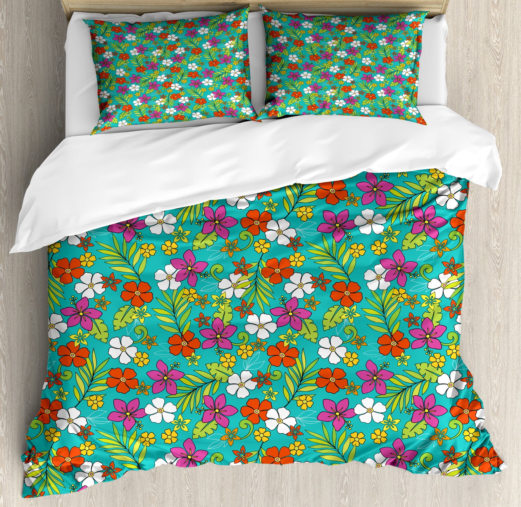 Tropic Duvet Cover Set, Cartoon Style Colorful Hawaiian Aloha ...