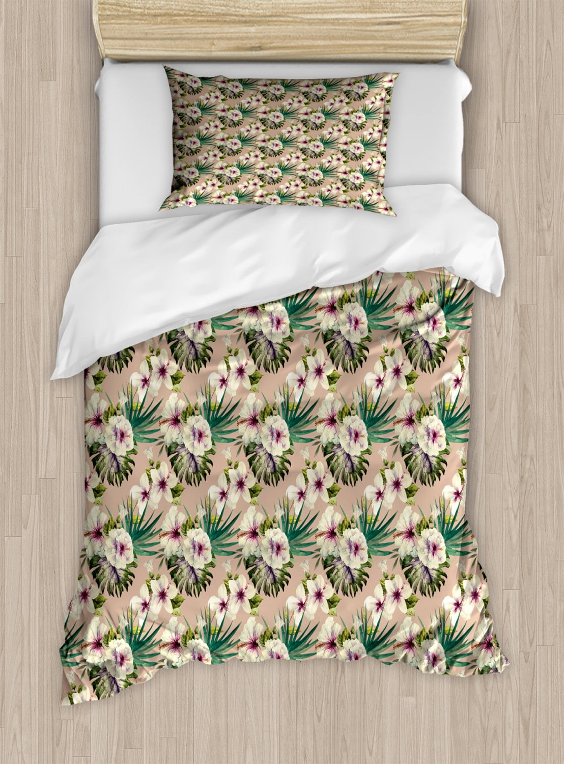 Tropic Duvet Cover Set, Watercolor Design Hibiscus Bouquets with Leaves ...
