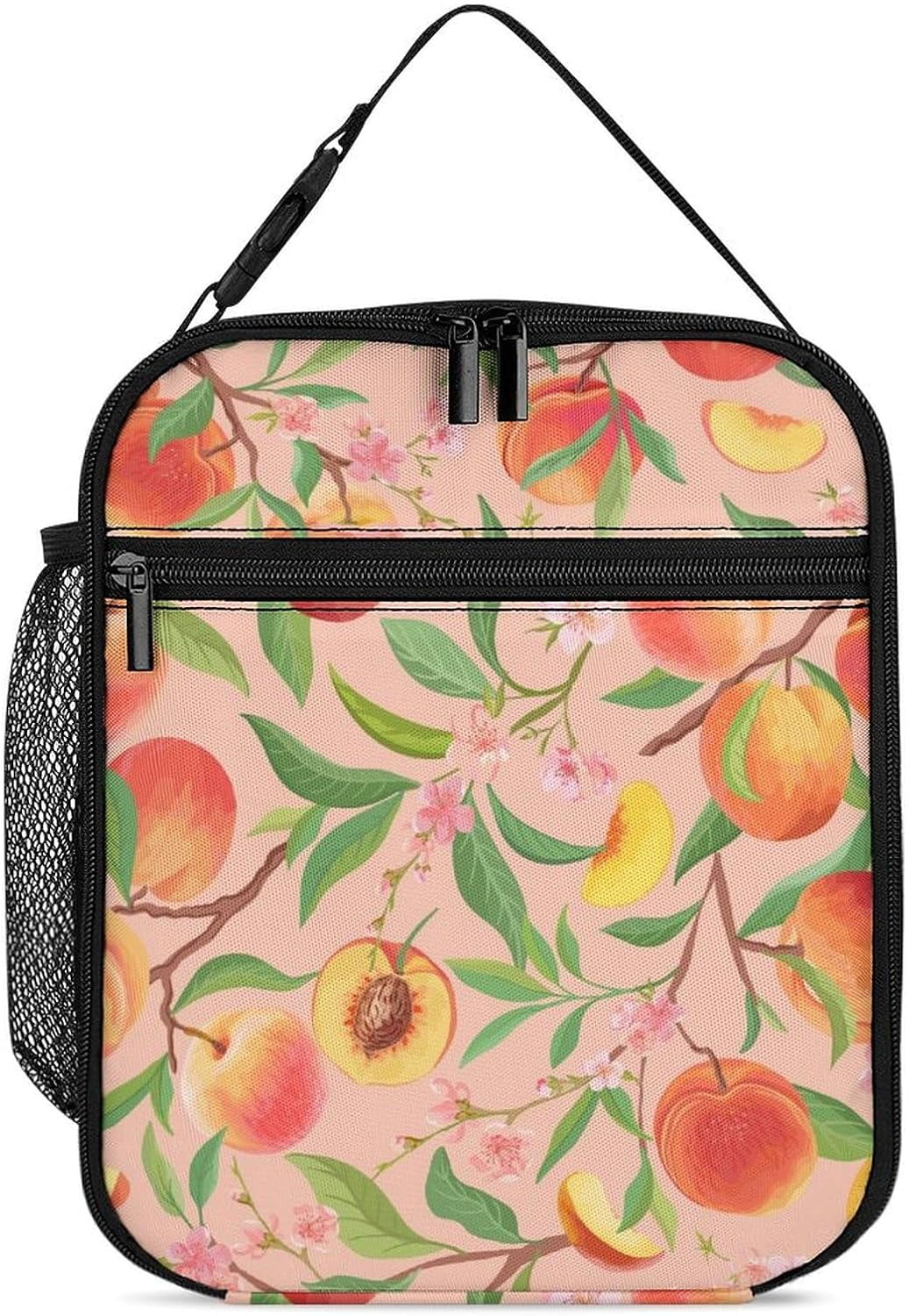 Tropic Peach Fruits Leaves Reusable Lunch Bag Insulated Portable Lunch ...