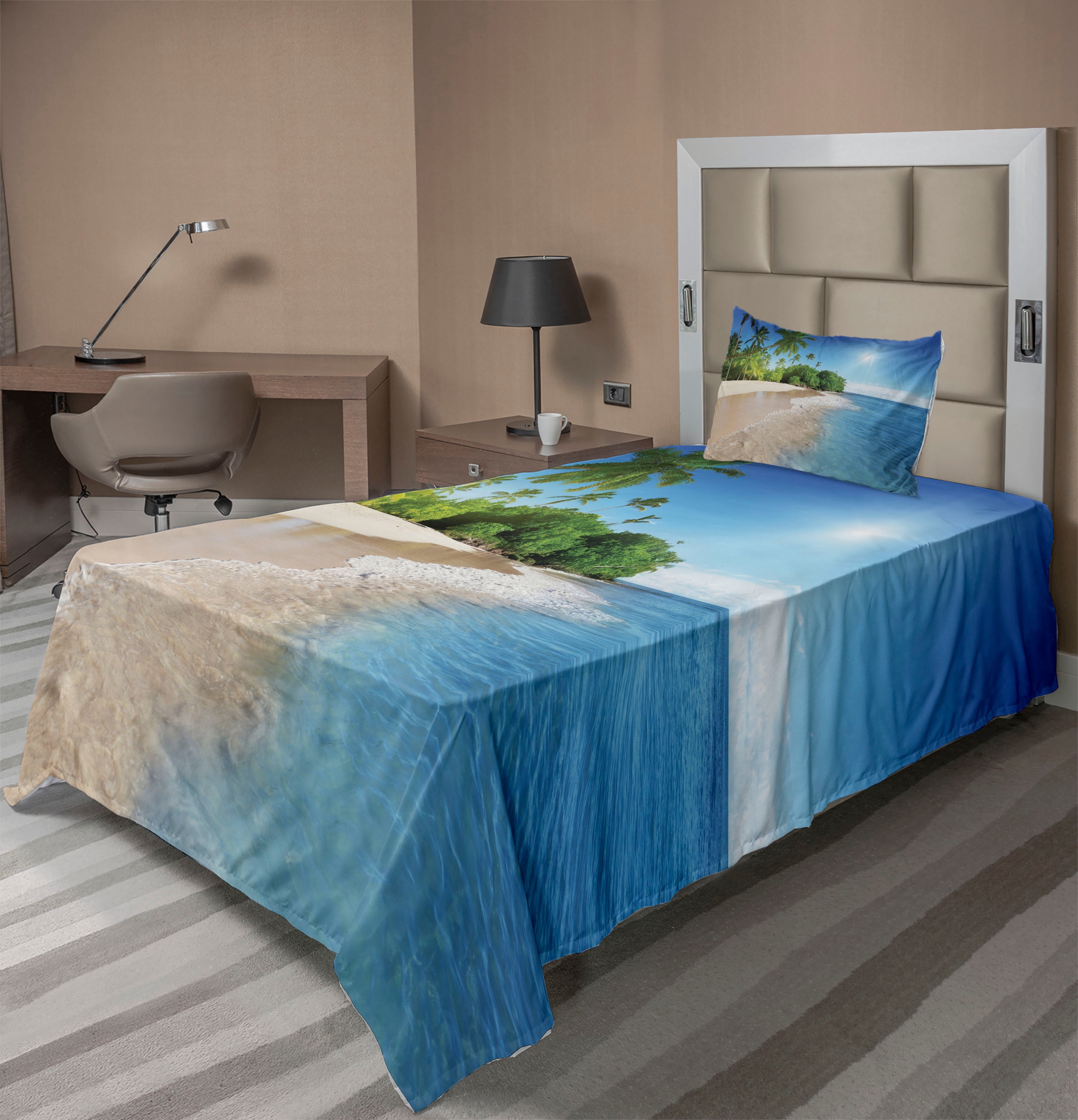 Tropic Sheet Set, Ocean Tropical Palm Trees on Sunny Island Beach Scene ...