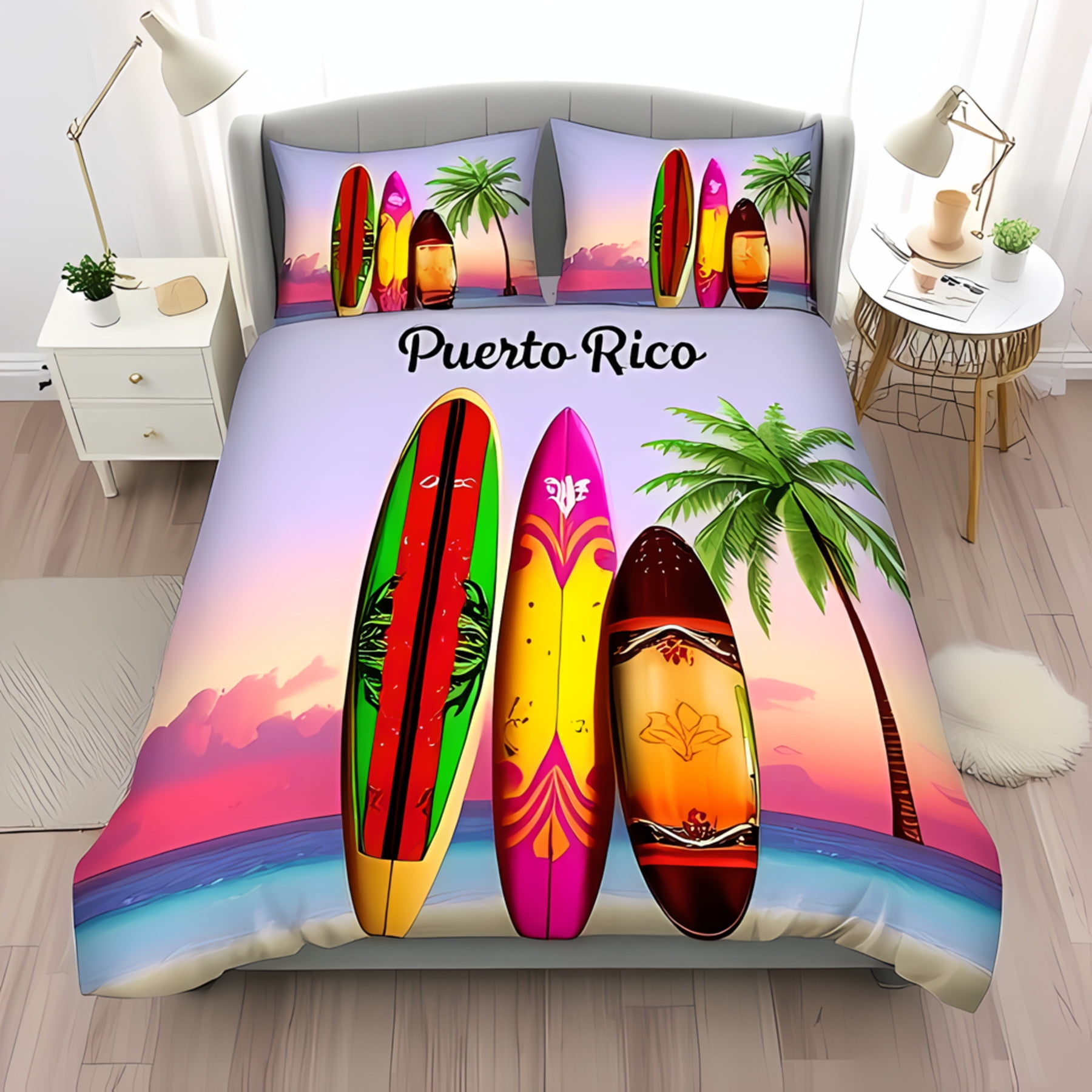 Tropical 3-Piece Duvet Cover Set - Colorful Surfboards & Sunset Beach ...