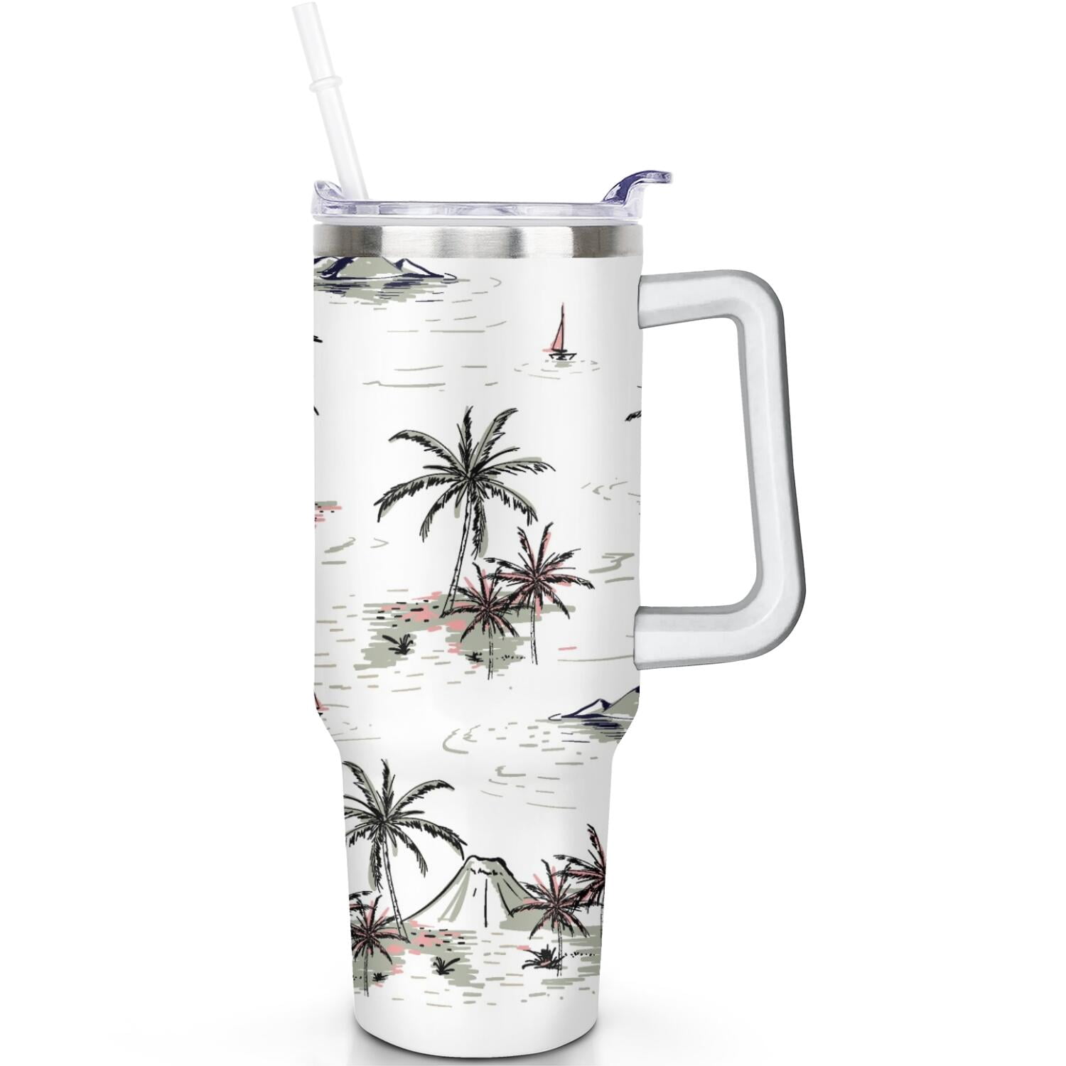 Tropical 40oz Tumbler with Handle, Stainless Lid Cup for Beach, Travel ...