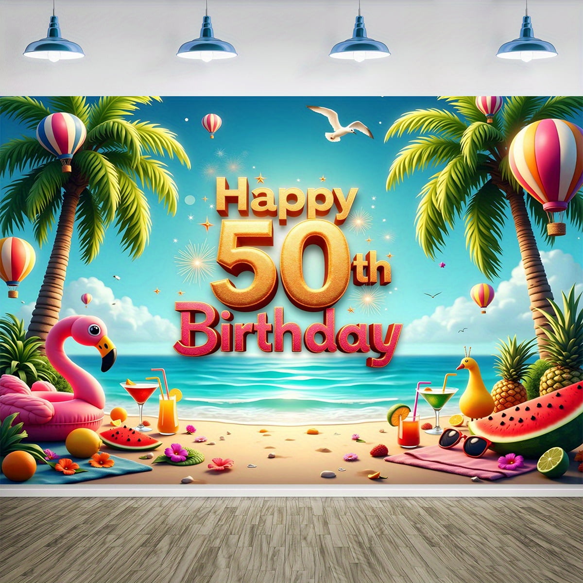 Tropical 50th Birthday Party Backdrop Hawaiian Beach Scene Photography ...