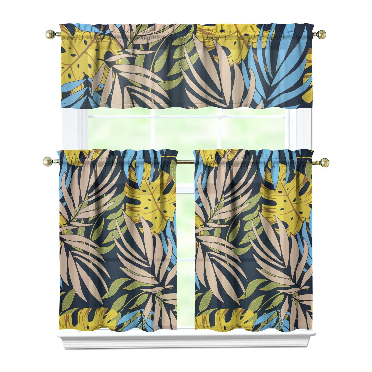 Tropical Aloha Floral Kitchen Curtains Set of 3 - Leafy Palm Print ...