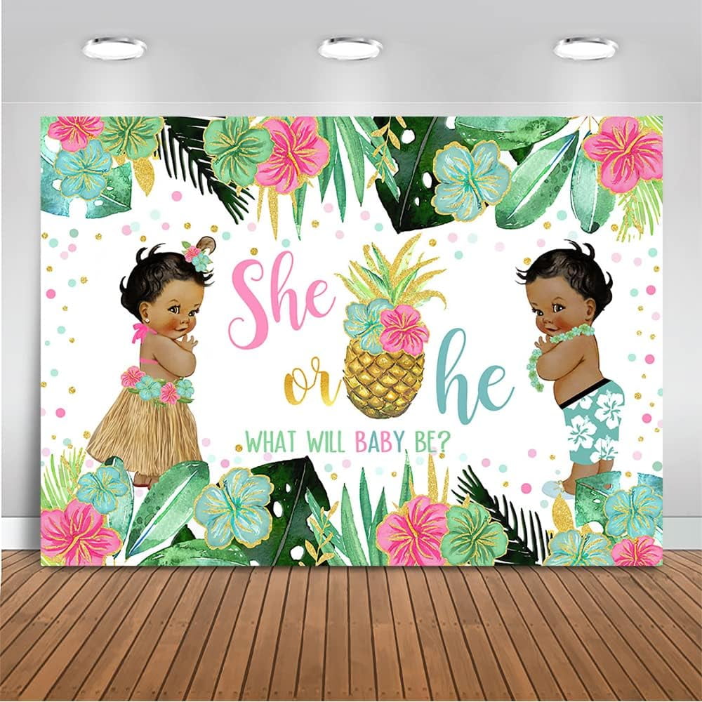 Tropical Aloha Gender Reveal Backdrop Hawaiian Luau Pineapple Gender ...