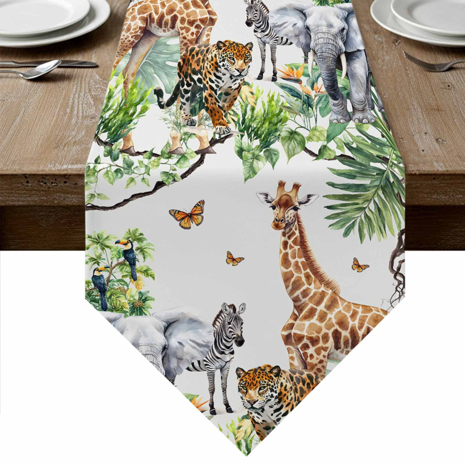 Tropical Animals Table Runner Linen Burlap Table Runner 48 Inches Long ...