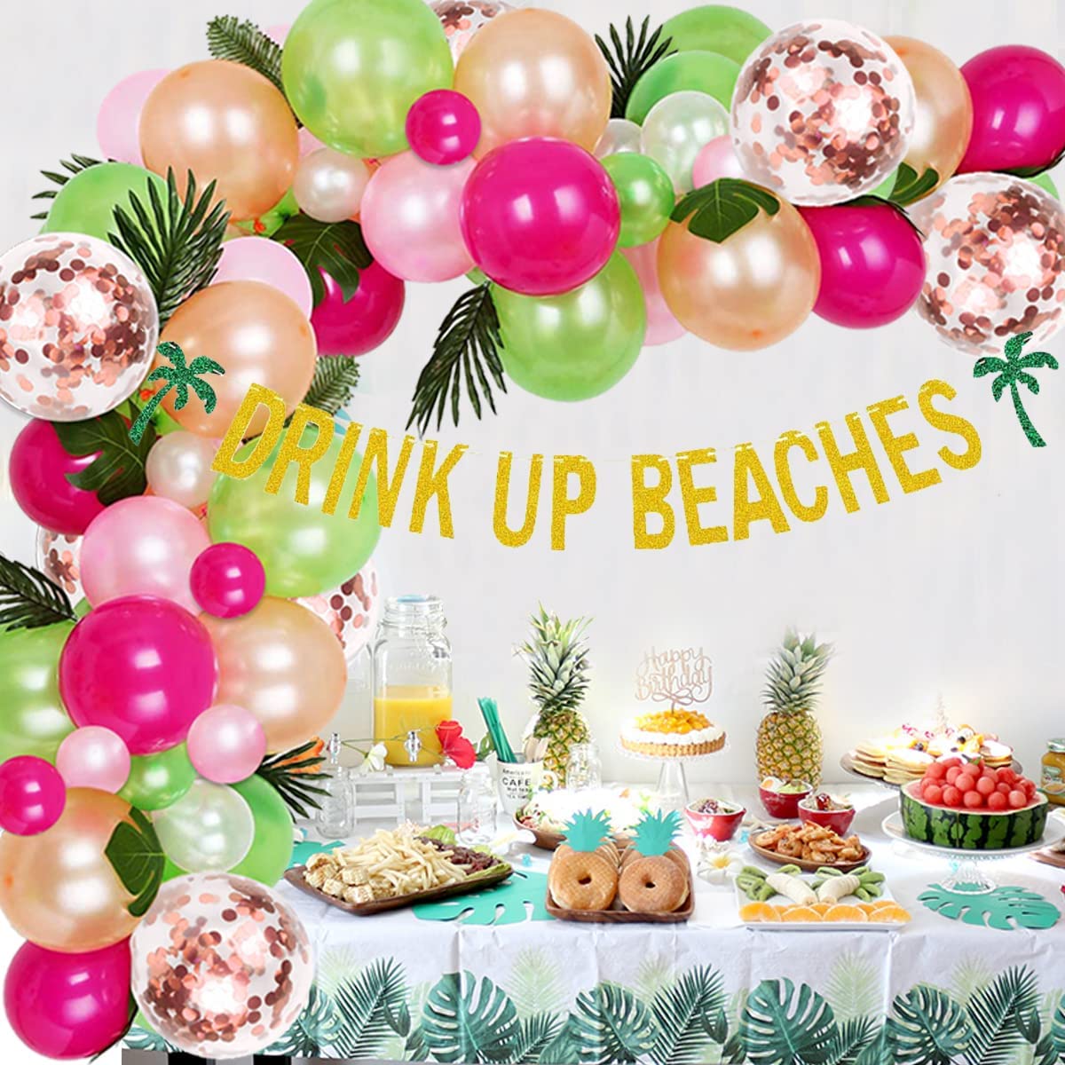 Tropical Balloon Arch Garland Kit, Drink Up Beaches Banner, Palm Leaves ...