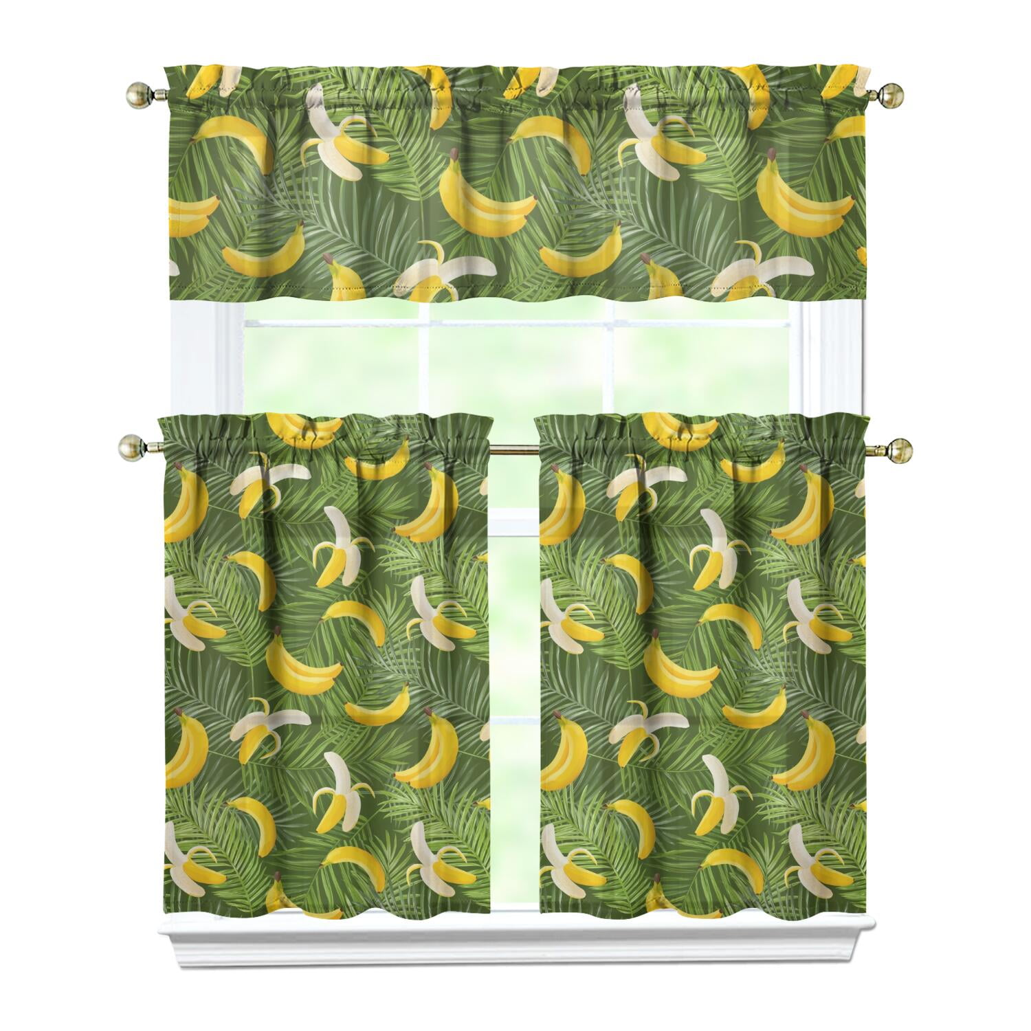 Tropical Banana Kitchen Curtains Set, Yellow Fruit Print with Cute ...