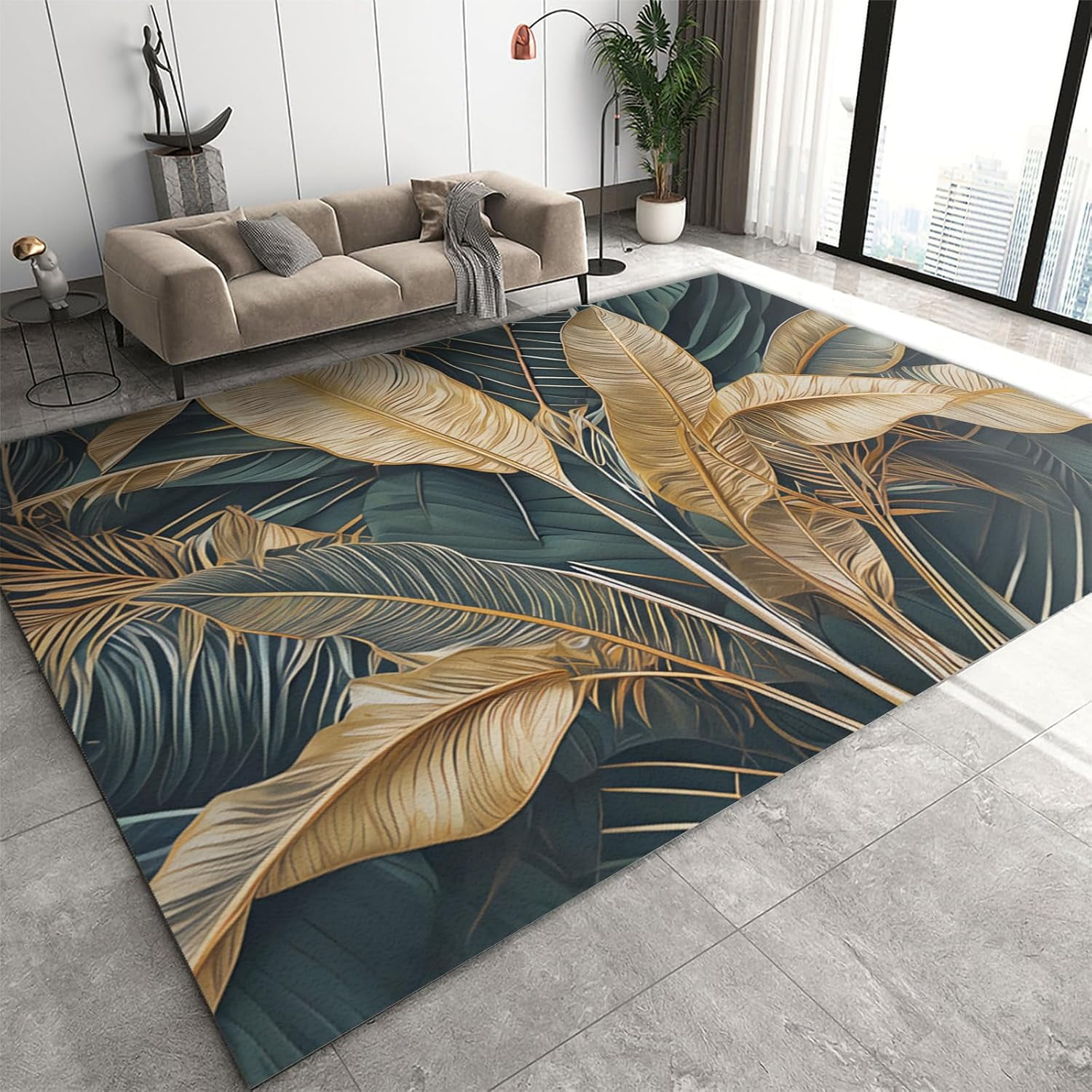 Tropical Banana Leaves Area Rugs, Luxury Green And Golden Palm Leaves ...