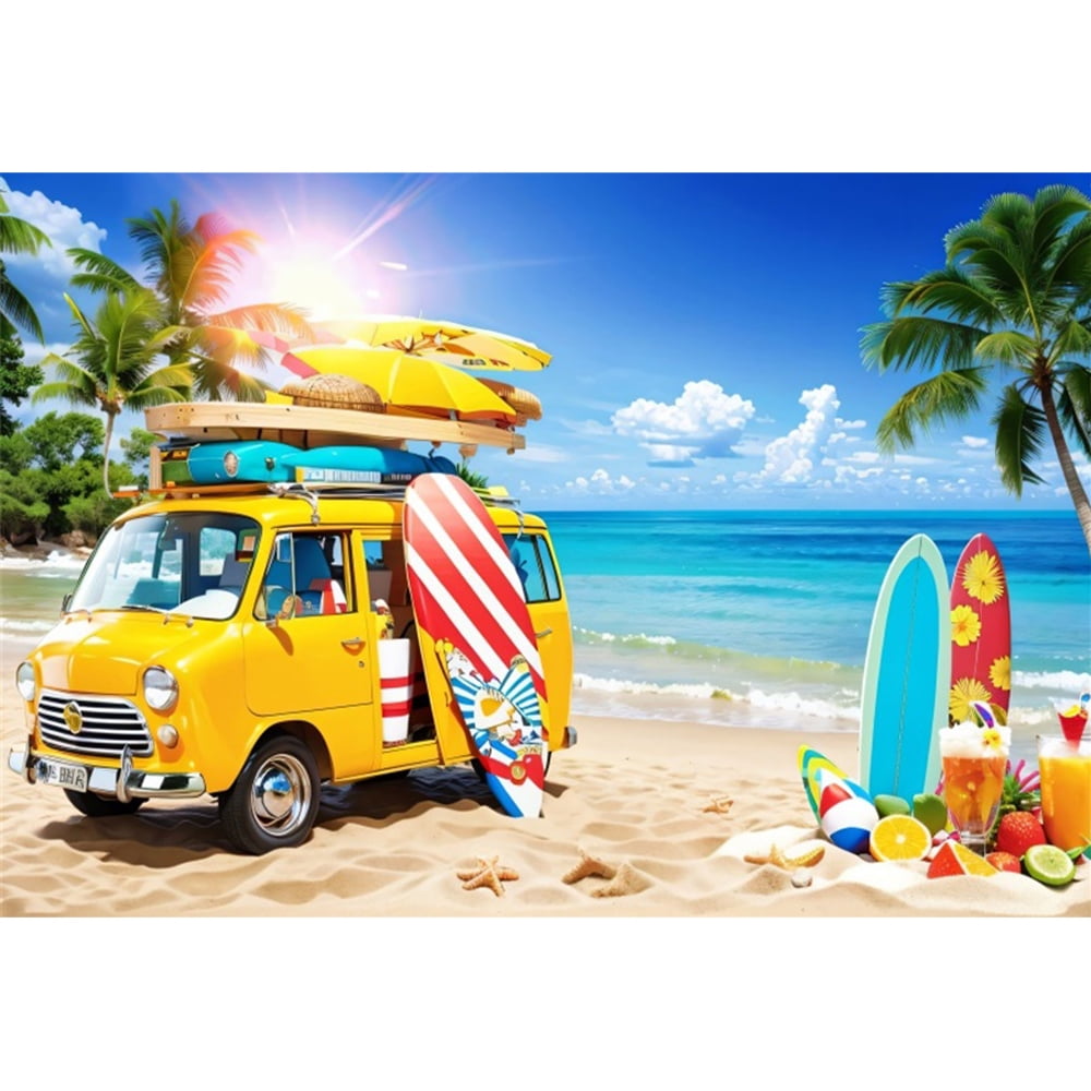 Tropical Beach Backdrop Vintage Car in Beach with Surfboard Summer ...