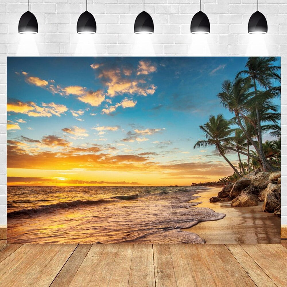 Tropical Beach Background Summer Luau Palm Leaves Ocean Island Seaside ...