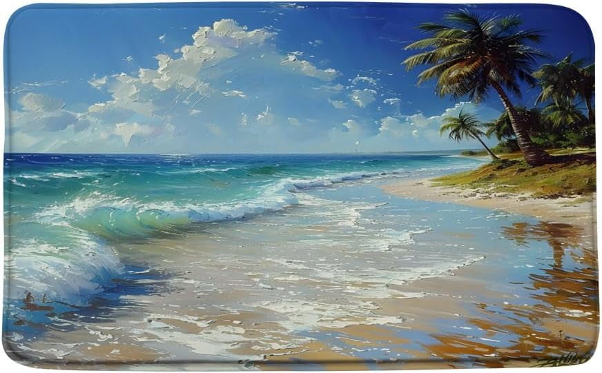 Tropical Beach Bath Mat Oil Painting Blue Teal Ocean Palm Tree Leaves ...
