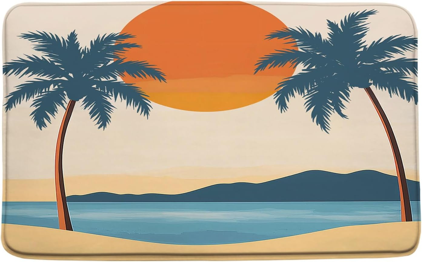 Tropical Beach Bath Mat Orange Sun Ocean Hawaiian Abstract Palm Tree ...