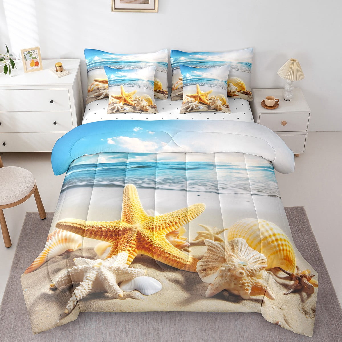 Tropical Beach Bedding Comforter Sets 7-Piece Coastal Starfish Bed in a ...