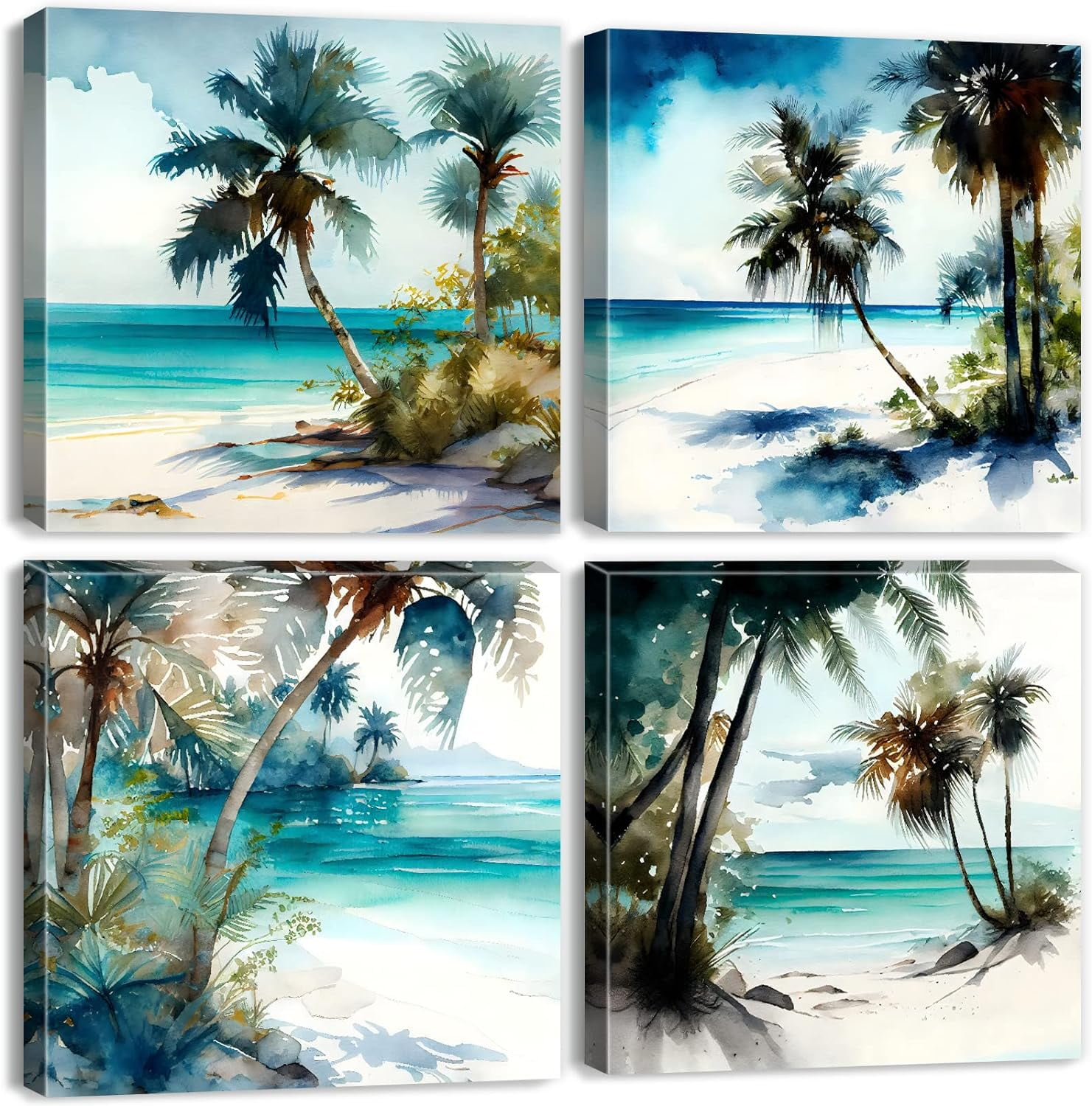 Tropical Beach Canvas Wall Art 4Pcs Abstract Teal Blue Coastal Palm Tree Seascape Prints Picture ...