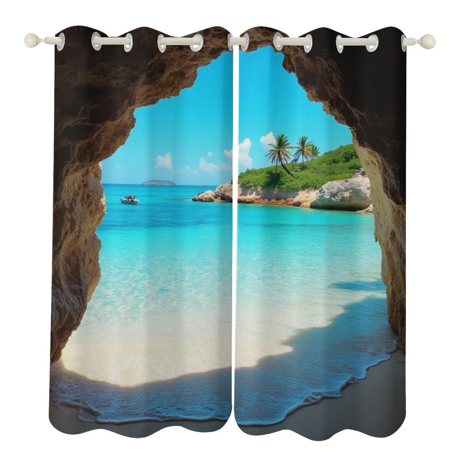 Tropical Beach Cave View 2 Panels 3D Printing Pattern Curtain for ...