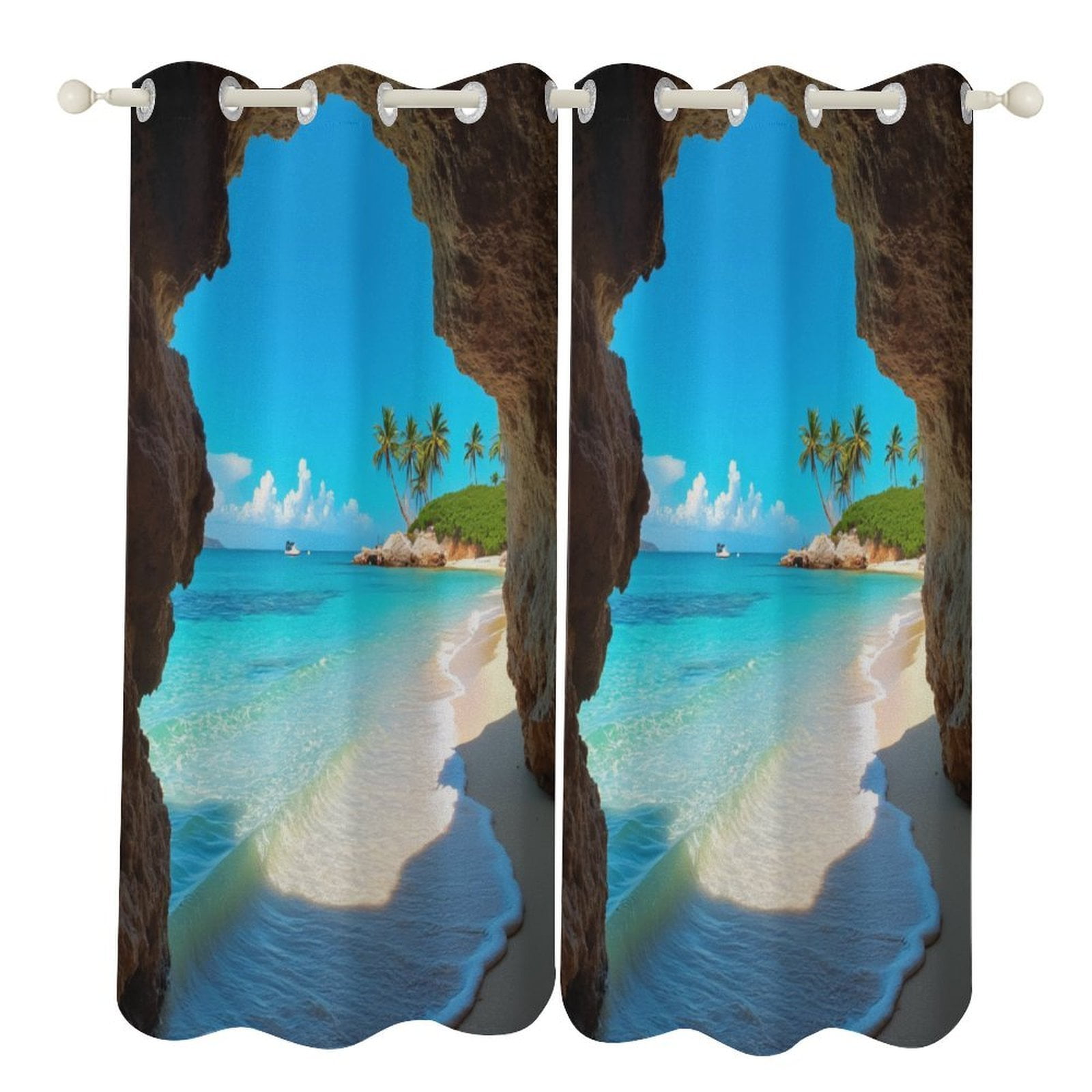 Tropical Beach Cave View Window Blackout Curtain 3d Printed Blackout ...