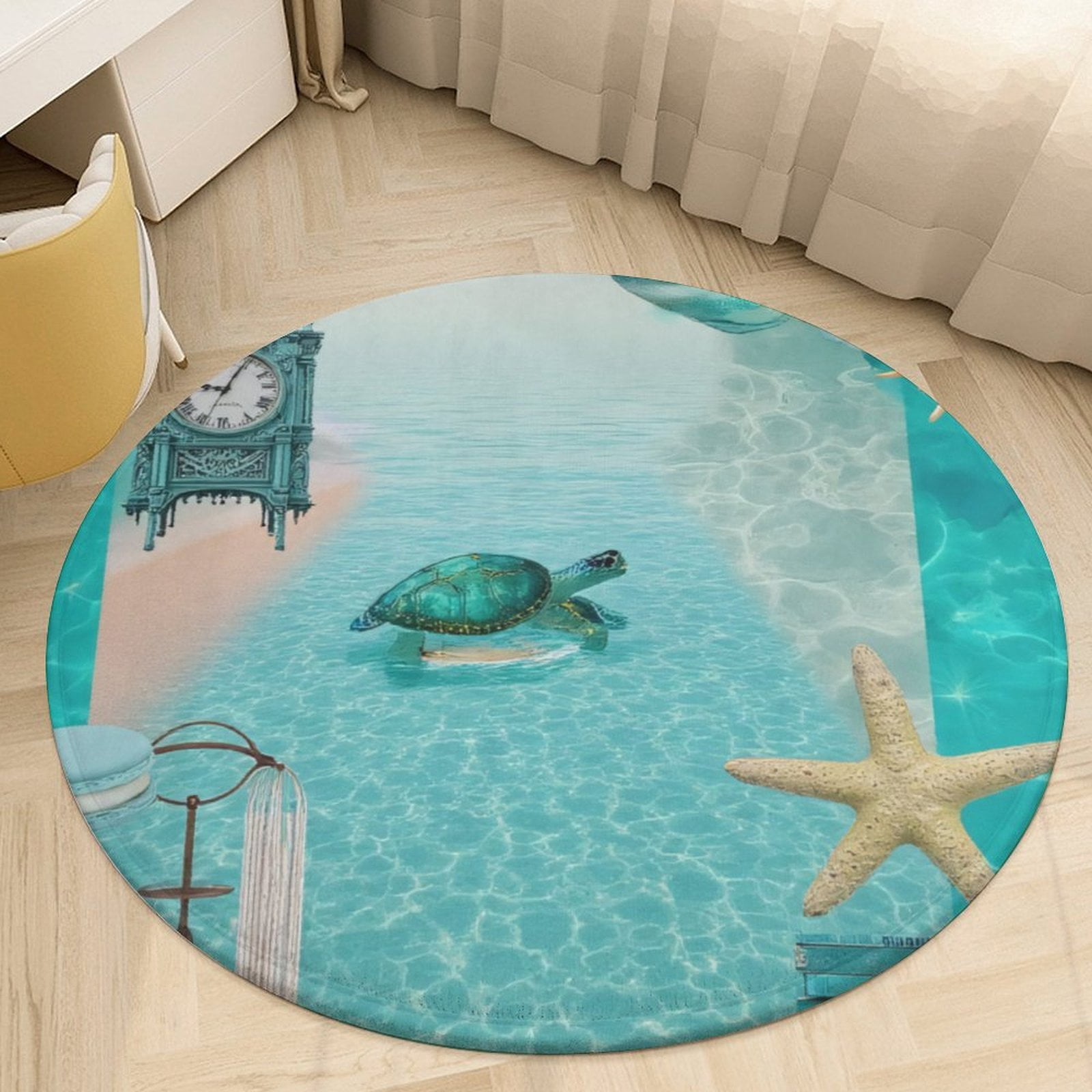 Tropical Beach Clock Turtle Macarons Round Area Rugs for Bedroom Living ...