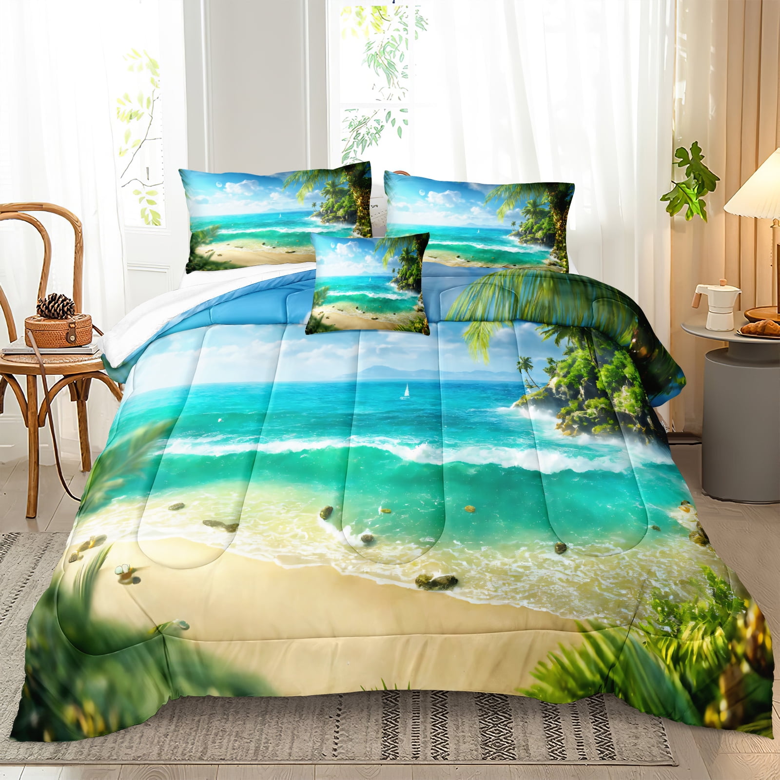 Tropical Beach Comforter Set Queen Size Coastal Island Bedding Holiday ...