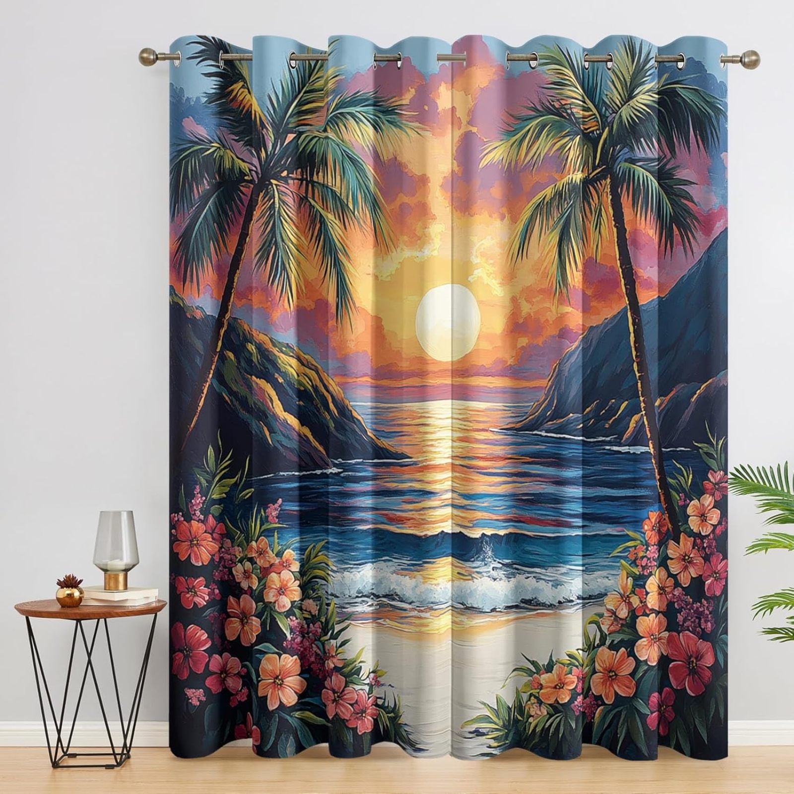 Tropical Beach Curtains For Bedroom, Hawaiian Floral Palm Tree Blackout ...