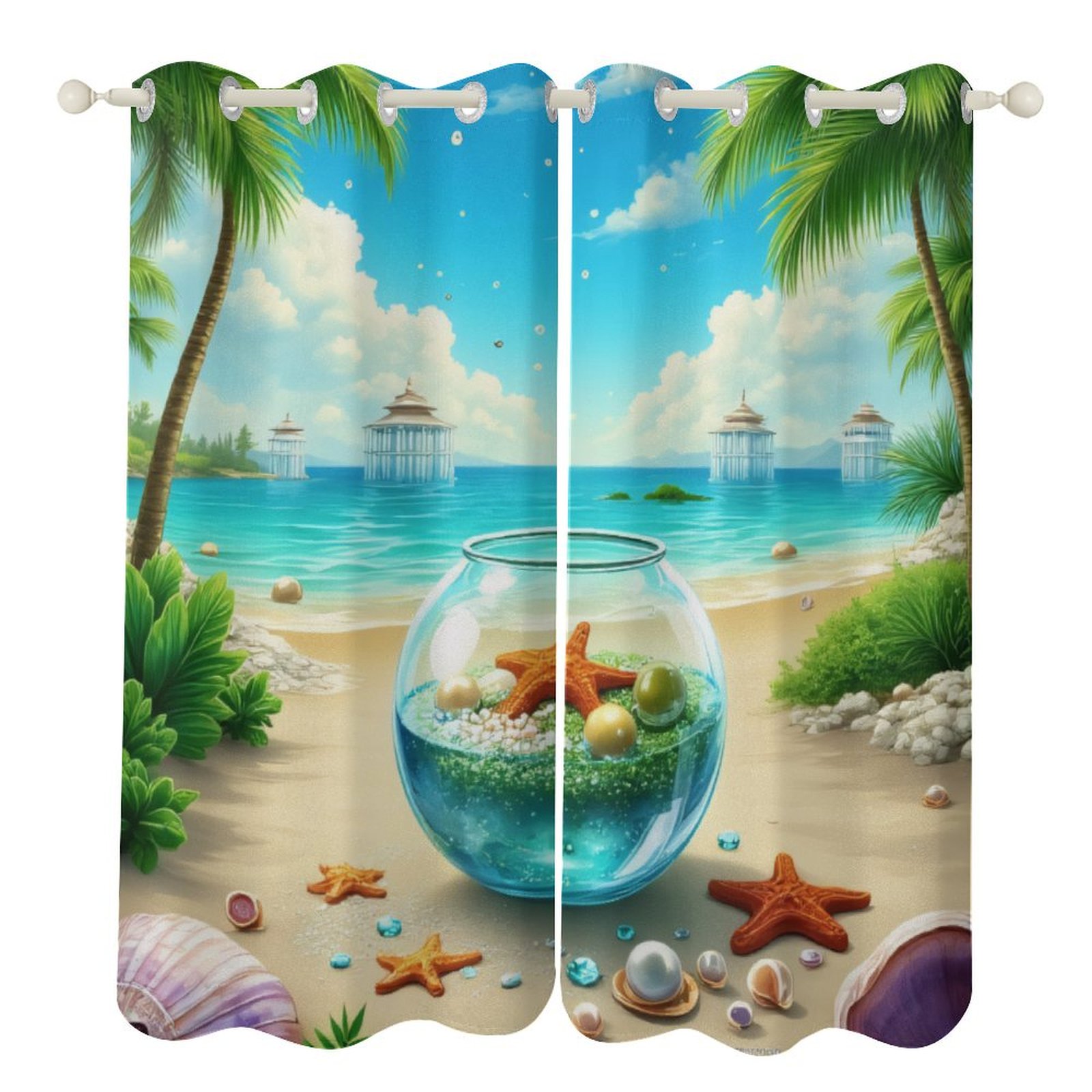Tropical Beach Fishbowl Scene 2 Panels Curtains for Bedroom Living Room ...