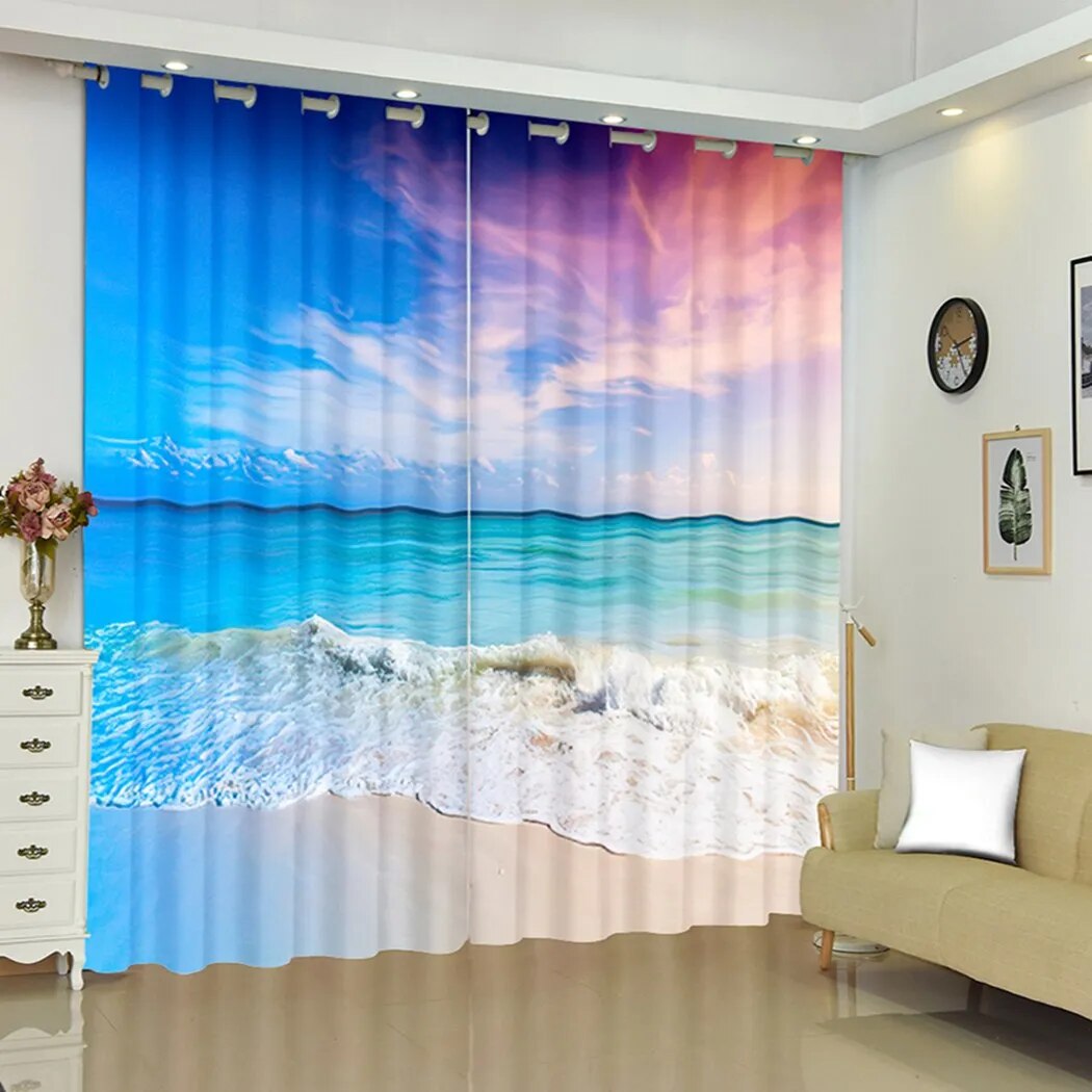 Tropical Beach Gradient Ocean Curtain Vintage Color Polyester Pongee ...