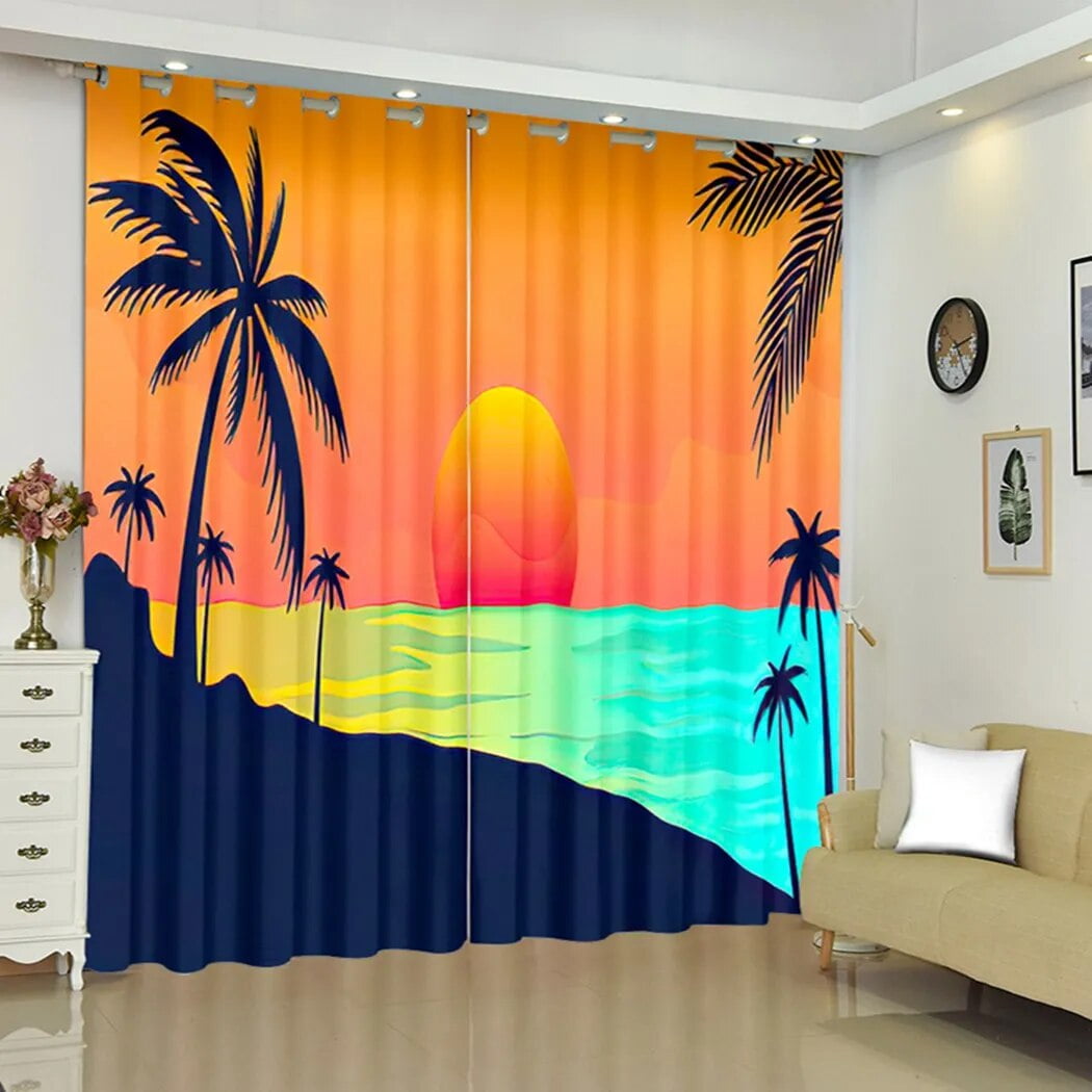 Tropical Beach Gradient Ocean Curtain Vintage Color Polyester Pongee ...