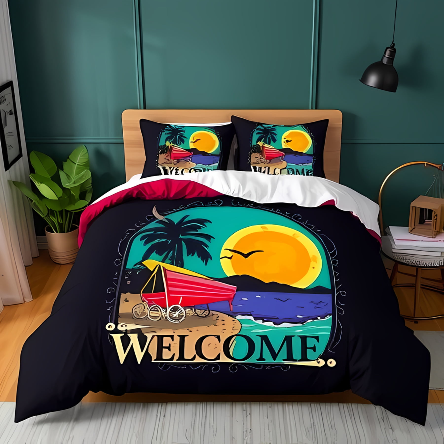 Tropical Beach Graphic Comforter Set with Decorative Pillows Vibrant ...