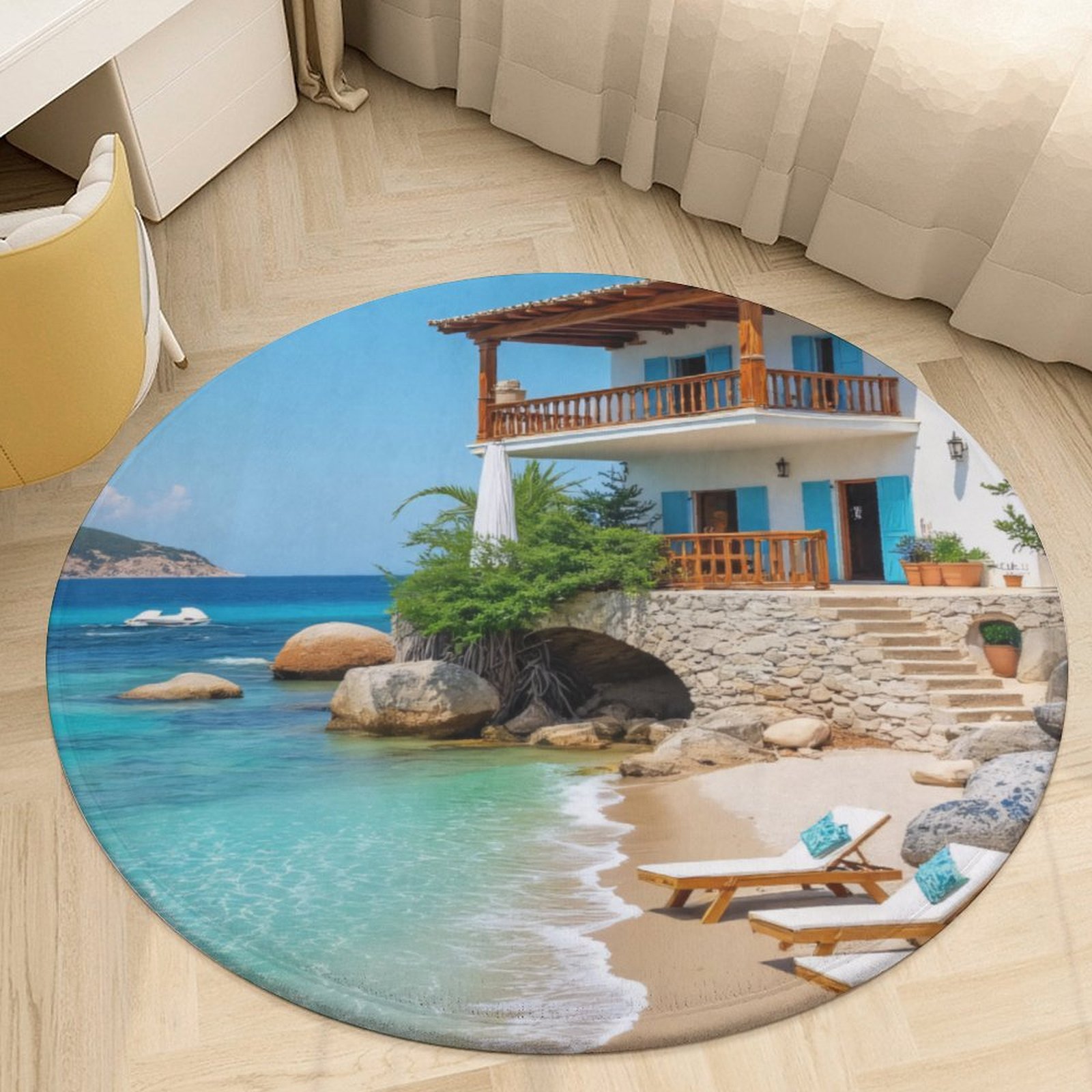 Tropical Beach House Scene Round Area Rugs for Bedroom Living Room, 5FT ...
