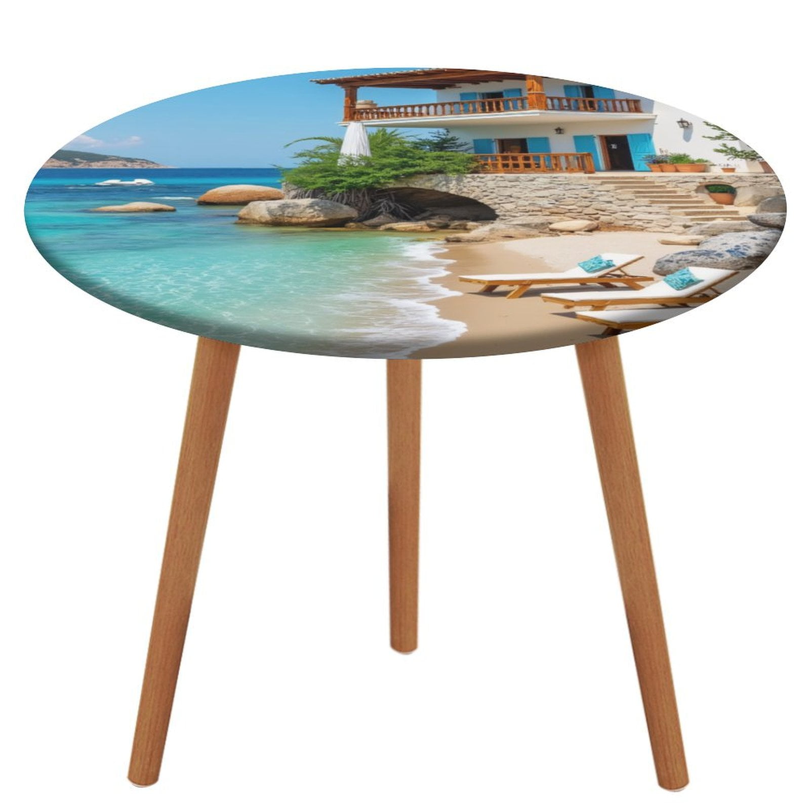 Tropical Beach House Scene Tablecloth Round Elastic Fitted Waterproof ...