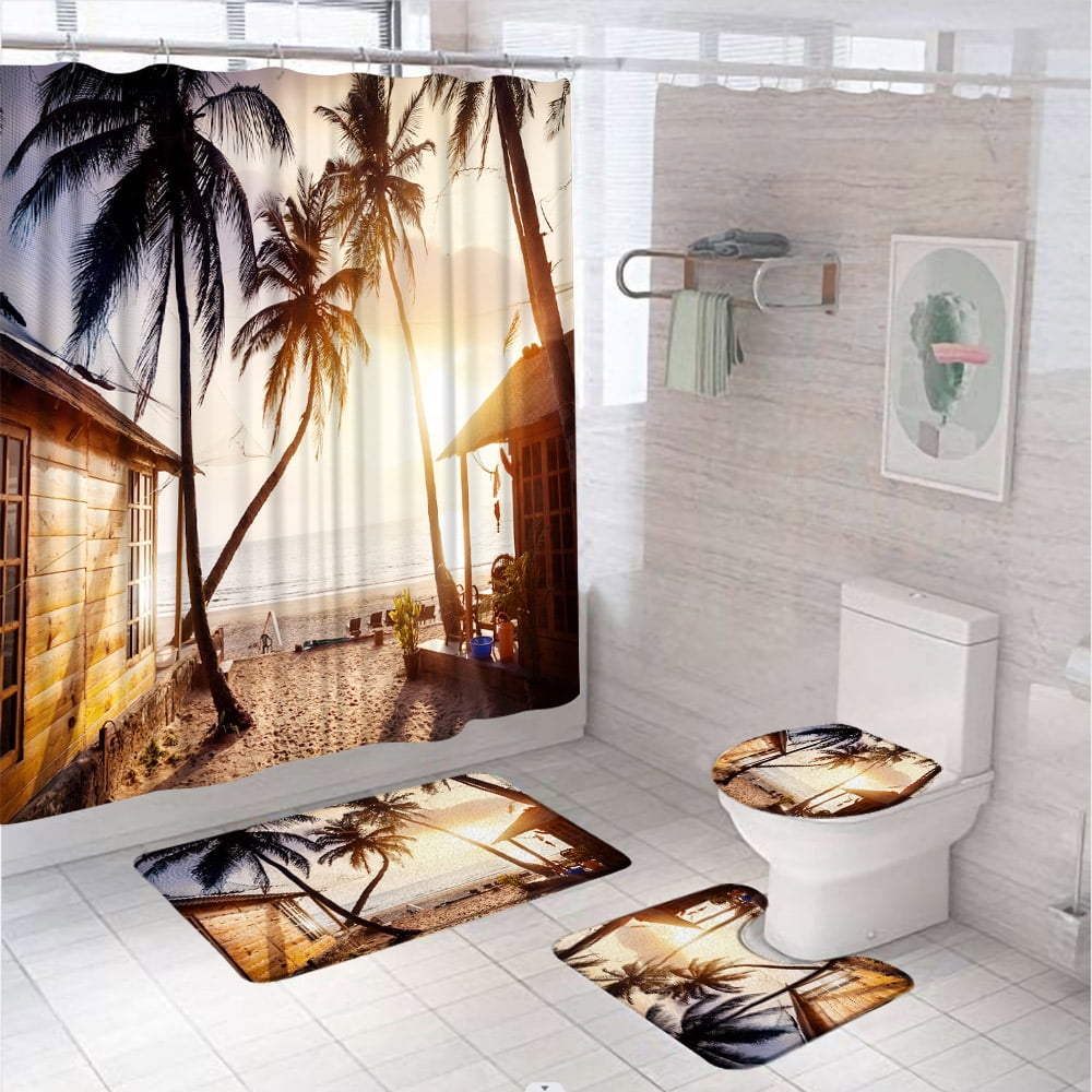 Tropical Beach Ocean Shower Curtain Set Seaside Island Palm Tree Blue Sea Boat Bathroom r Bath ...