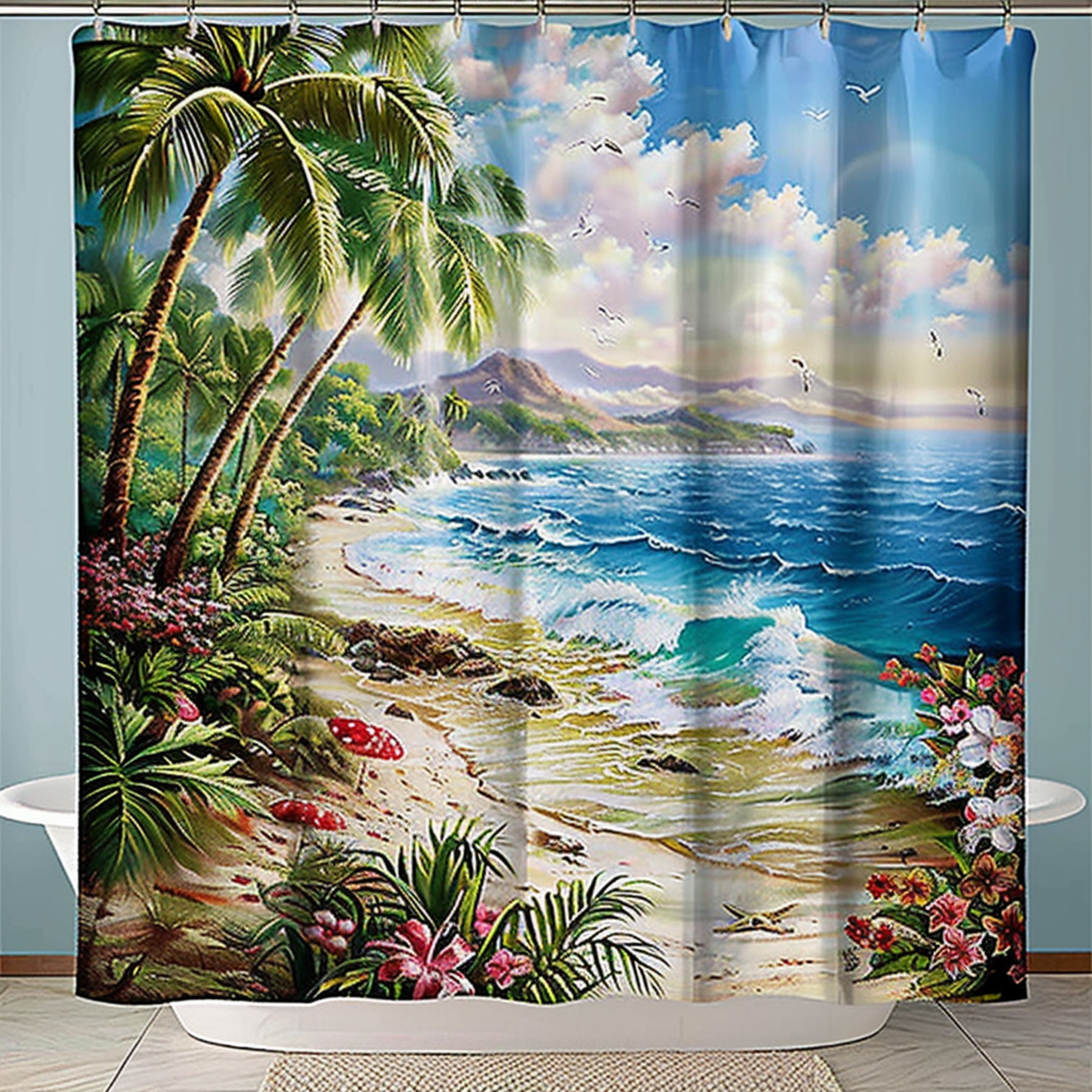 Tropical Beach and Palm Tree Shower Curtain This shower curtain ...