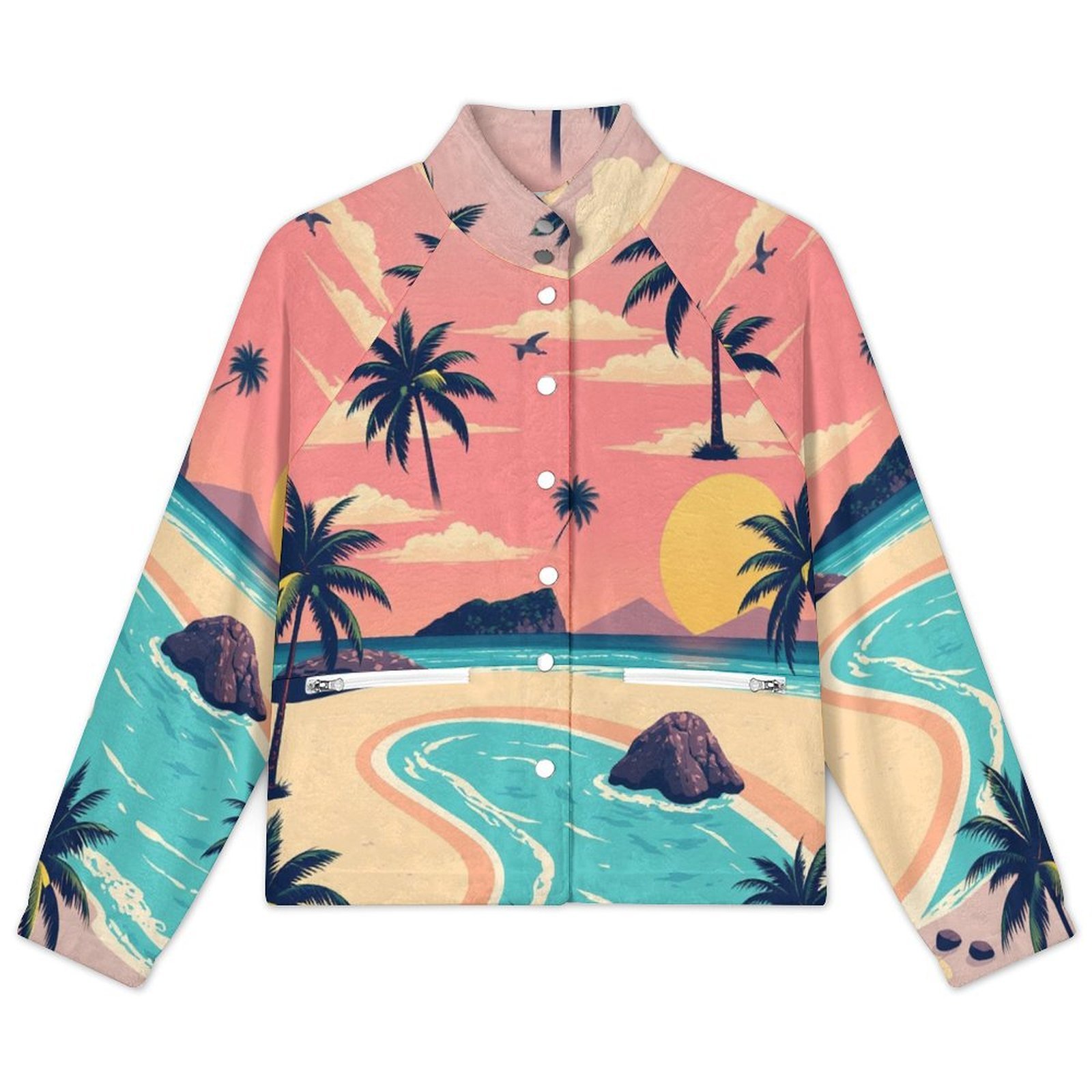 Tropical Beach Paradise Warm Women's Plush Jacket Stand Collar Full ...